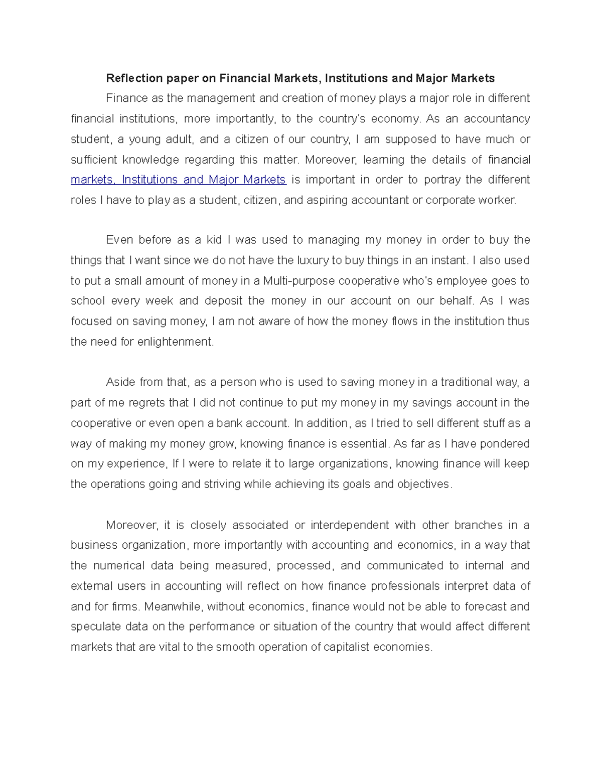 Reflection paper - Financial Market - As an accountancy student, a ...