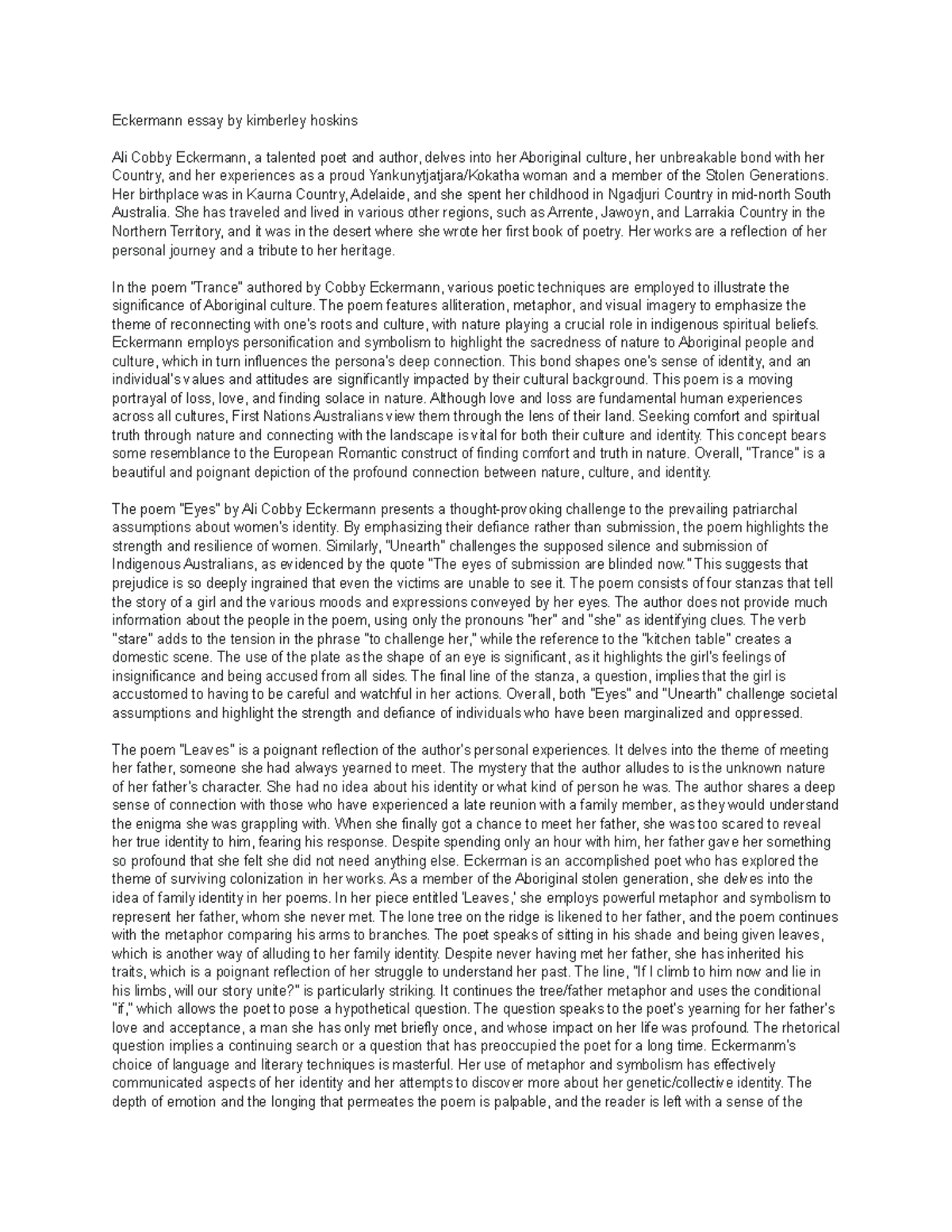 English assignment - this should help people - Eckermann essay by ...