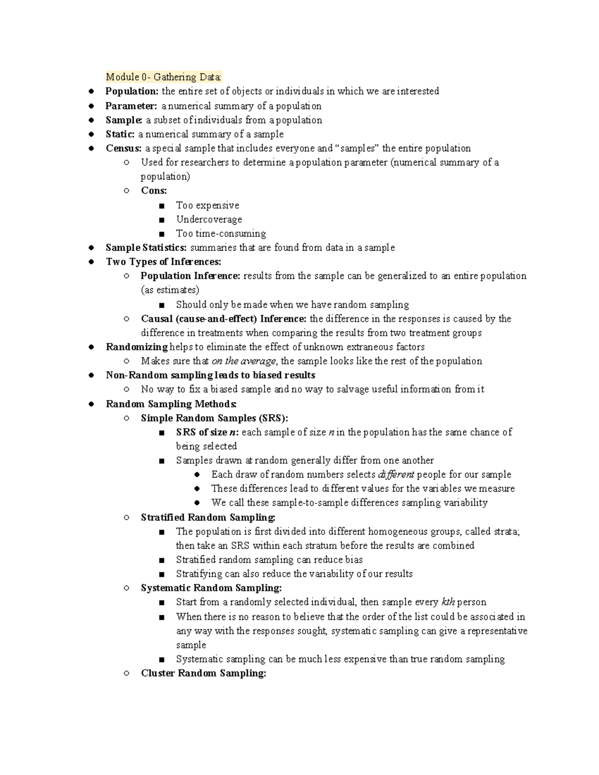 Module 0-3 Notes - Module 0- Gathering Data: Population: the entire set ...
