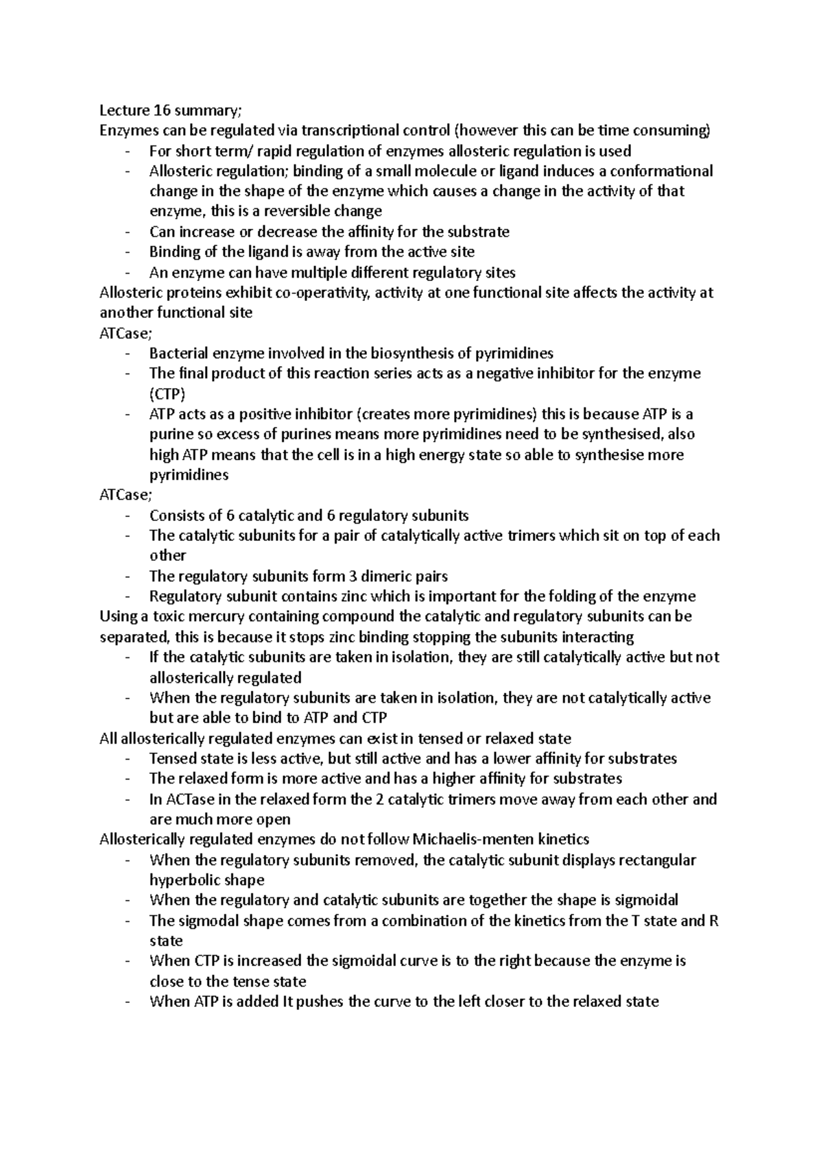 Lecture 16 summary Biochem - Lecture 16 summary; Enzymes can be ...