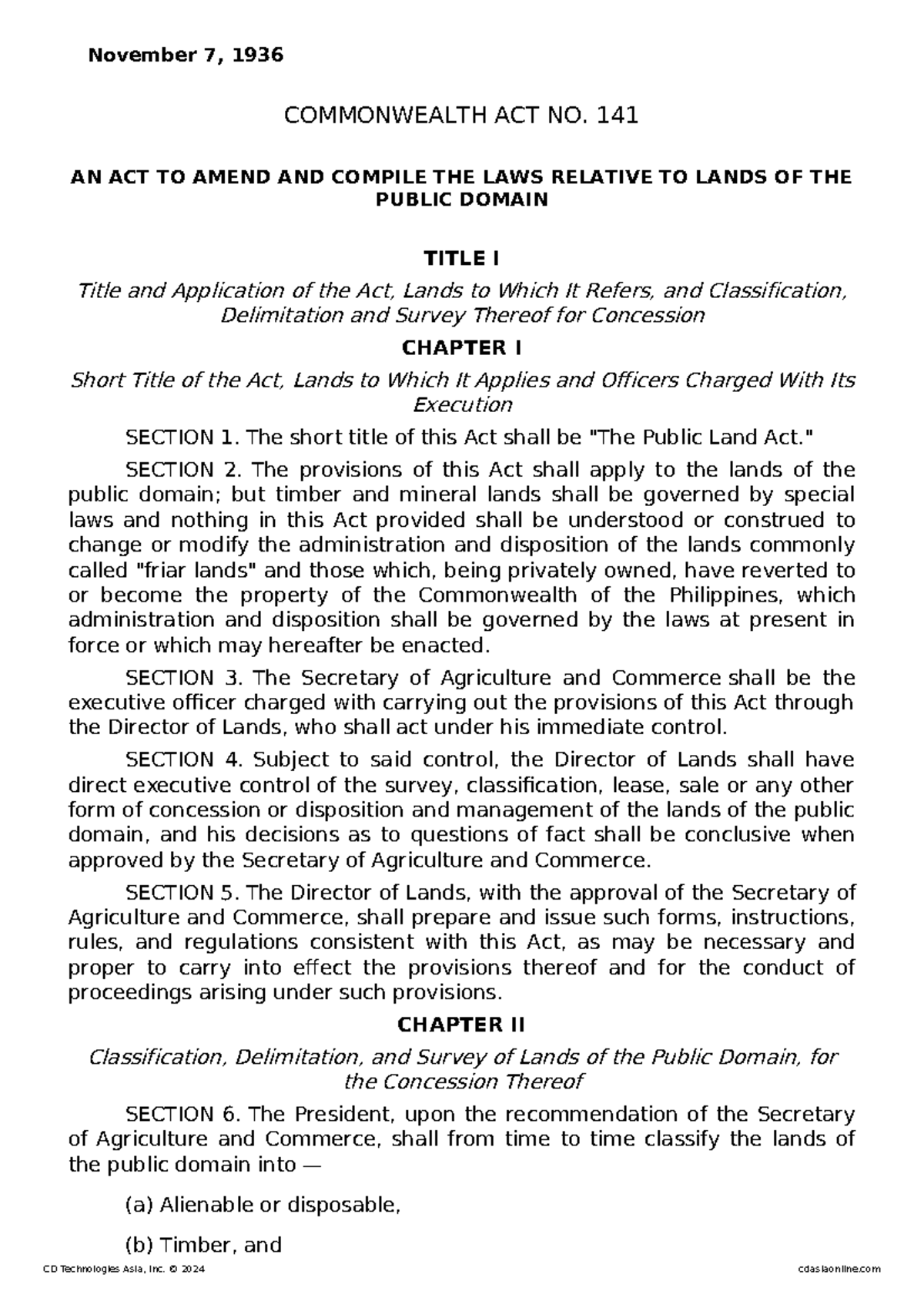CA 141 - Property & Land Law - November 7, 1936 COMMONWEALTH ACT NO ...