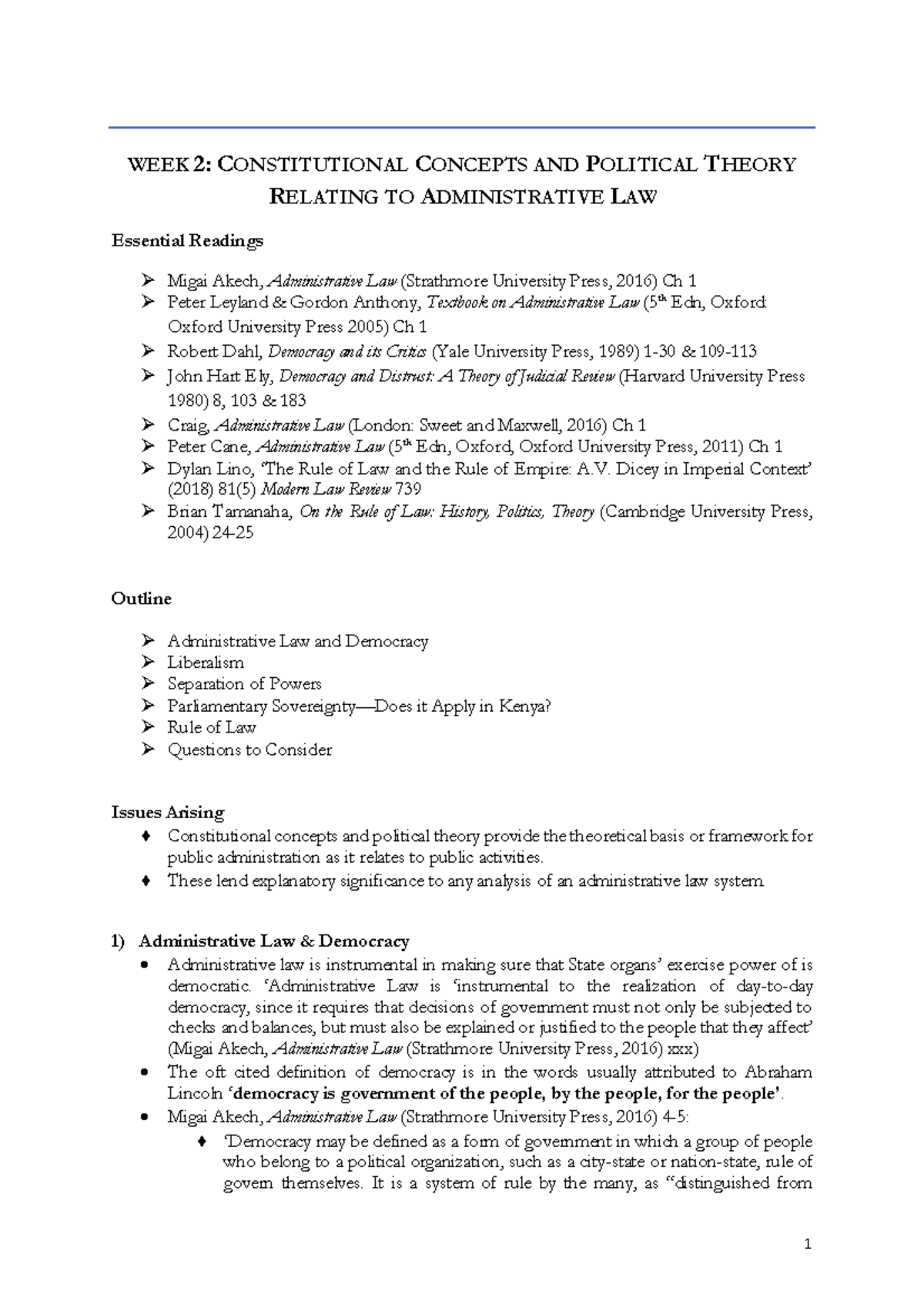 Administrative Law I-Week 2 Handout - WEEK 2: CONSTITUTIONAL CONCEPTS ...