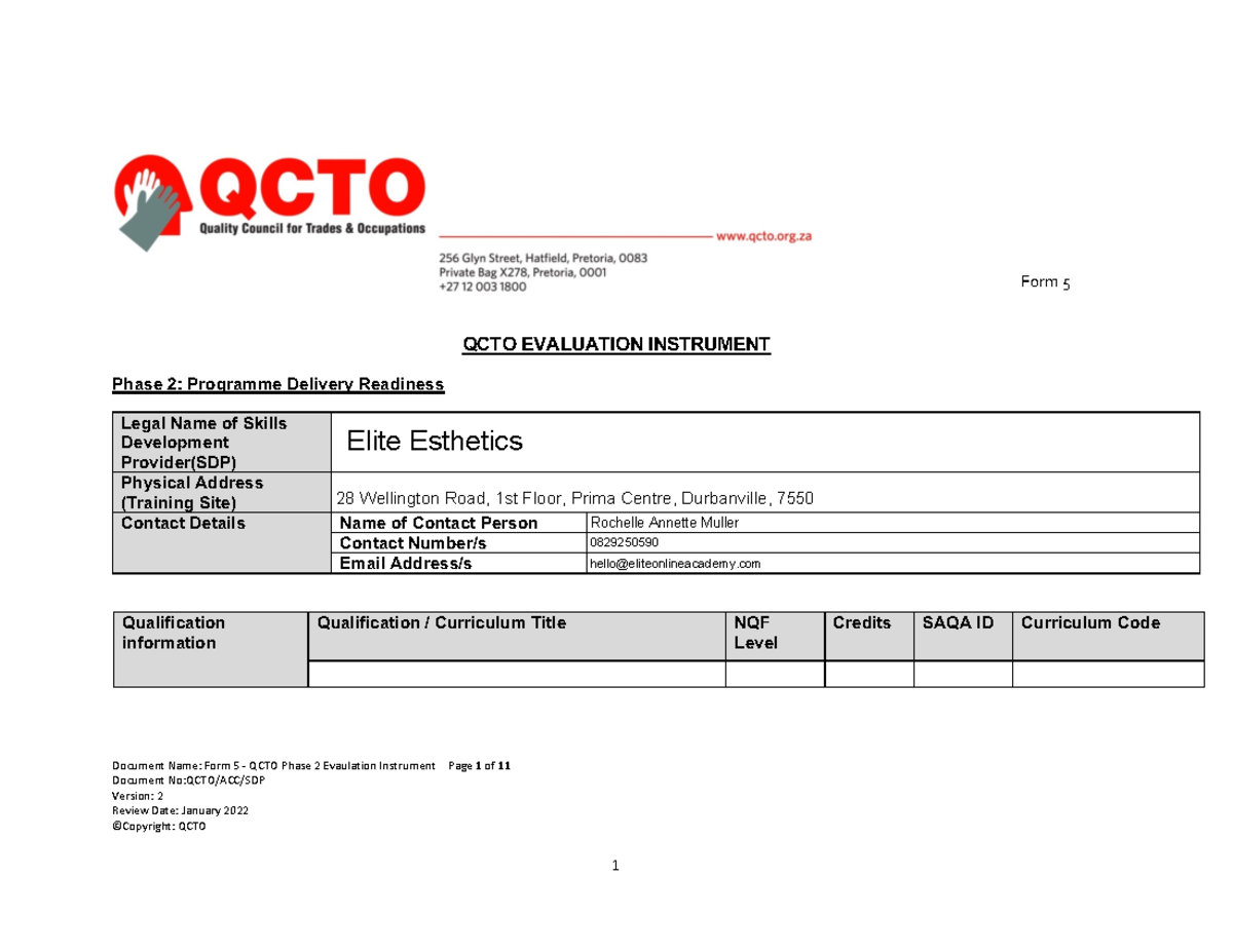 Form 5 - Evaluation TOOL FOR Programme Delivery Readiness - Document Name: Form 5 - QCTO Phase 2 ...