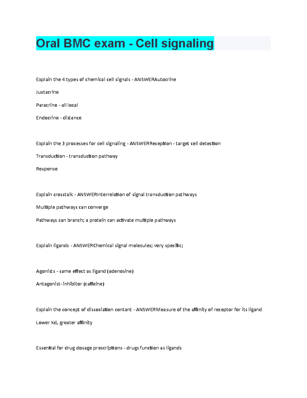 Oral BMC exam - BMC Exam - Oral BMC exam - Cell signaling Explain the 4 ...