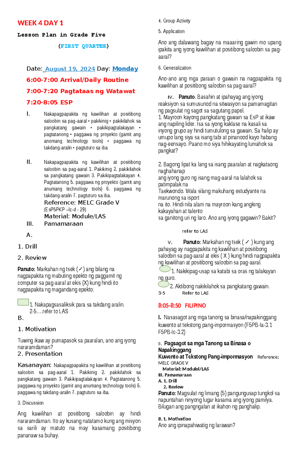 Q 1 WEEK 4 DAY 1 - Lesson Plan in Grade 5 - WEEK 4 DAY 1 Lesson Plan in ...