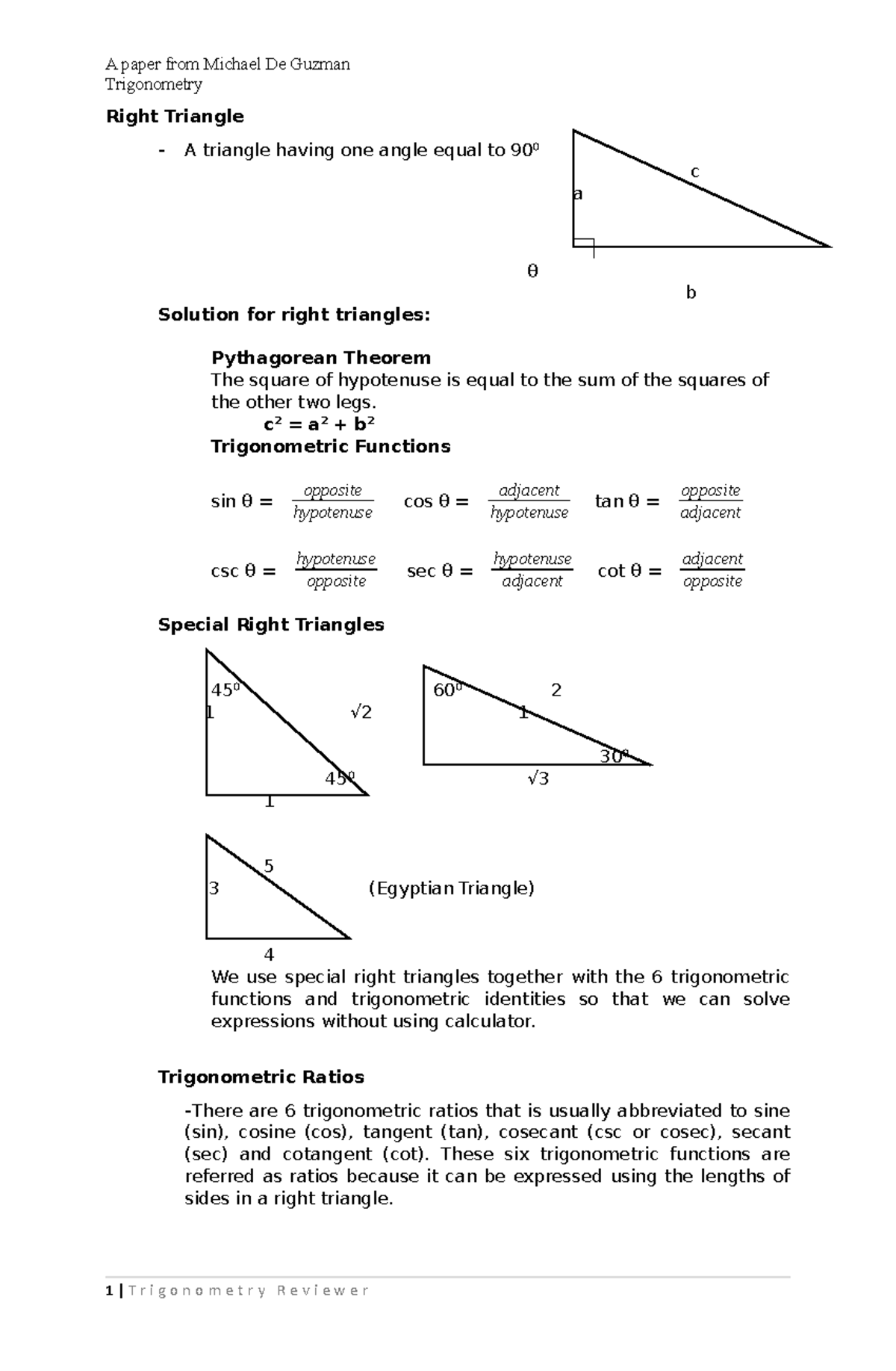 Trigonometry - Michael's Tutorial - Trigonometry Right Triangle A ...