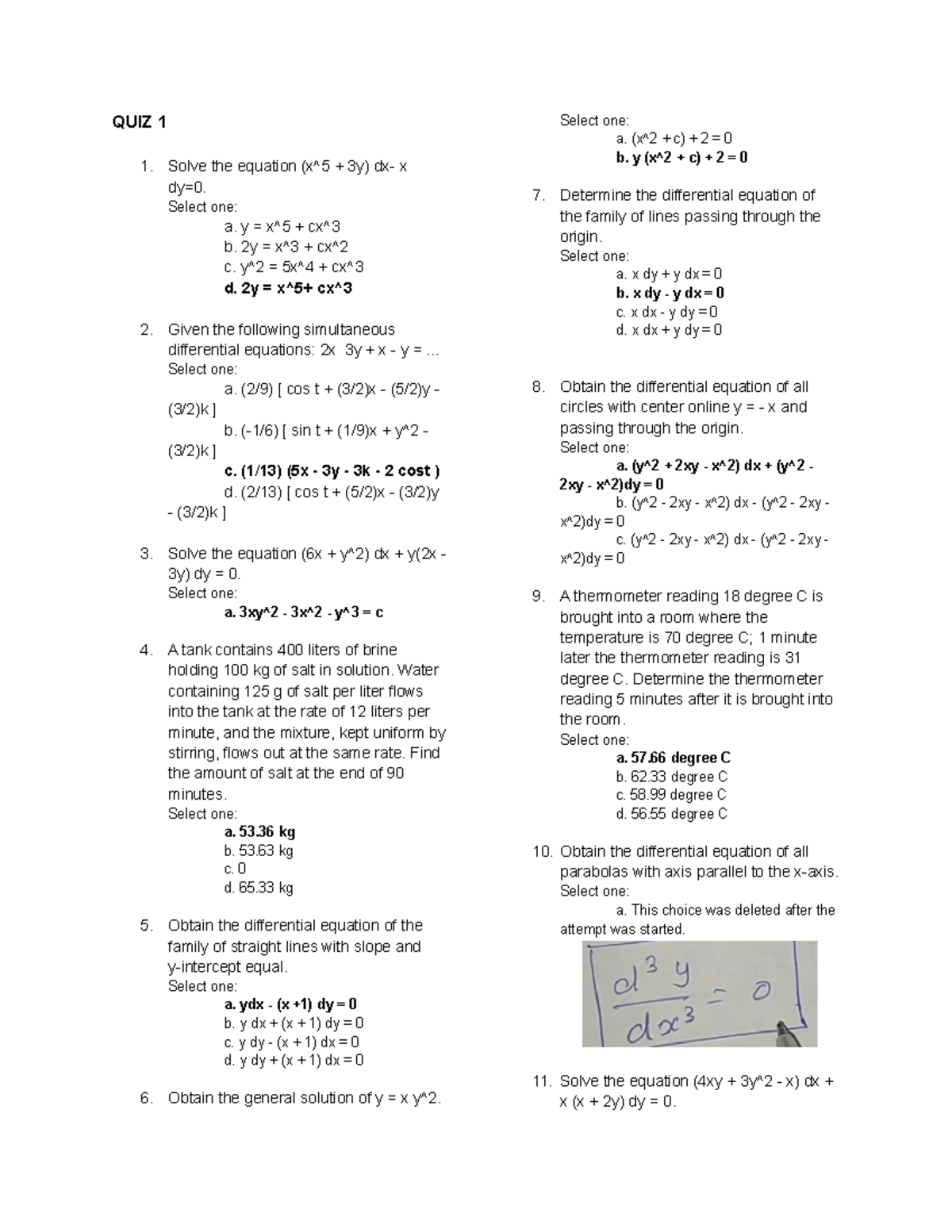 CHE234 Quiz No.1 Notes - QUIZ 1 1. Solve the equation (x^5 + 3y) dx- x ...