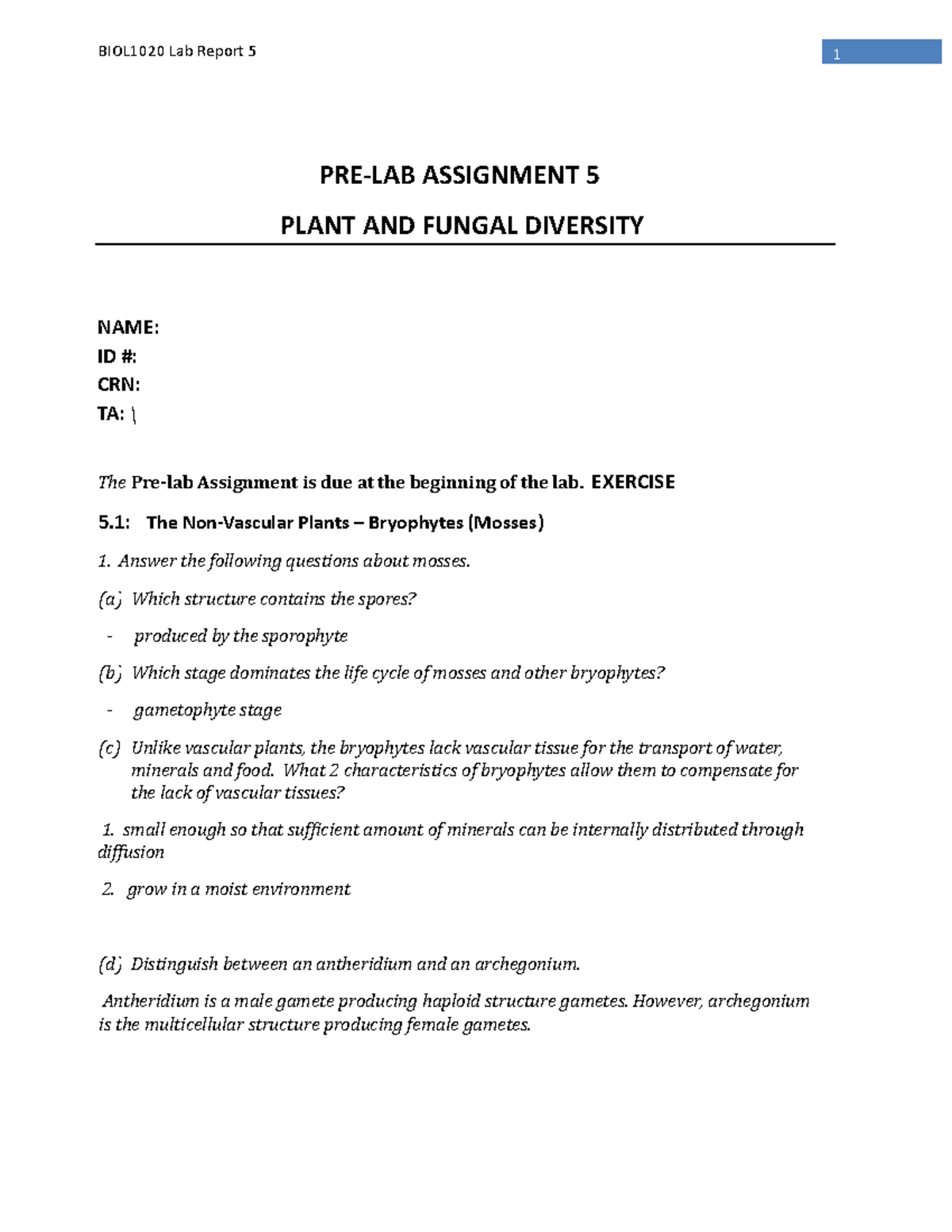 Lab 5-Pre-Lab Assignment finished - PRE-LAB ASSIGNMENT 5 PLANT AND FUNGAL DIVERSITY NAME: ID ...