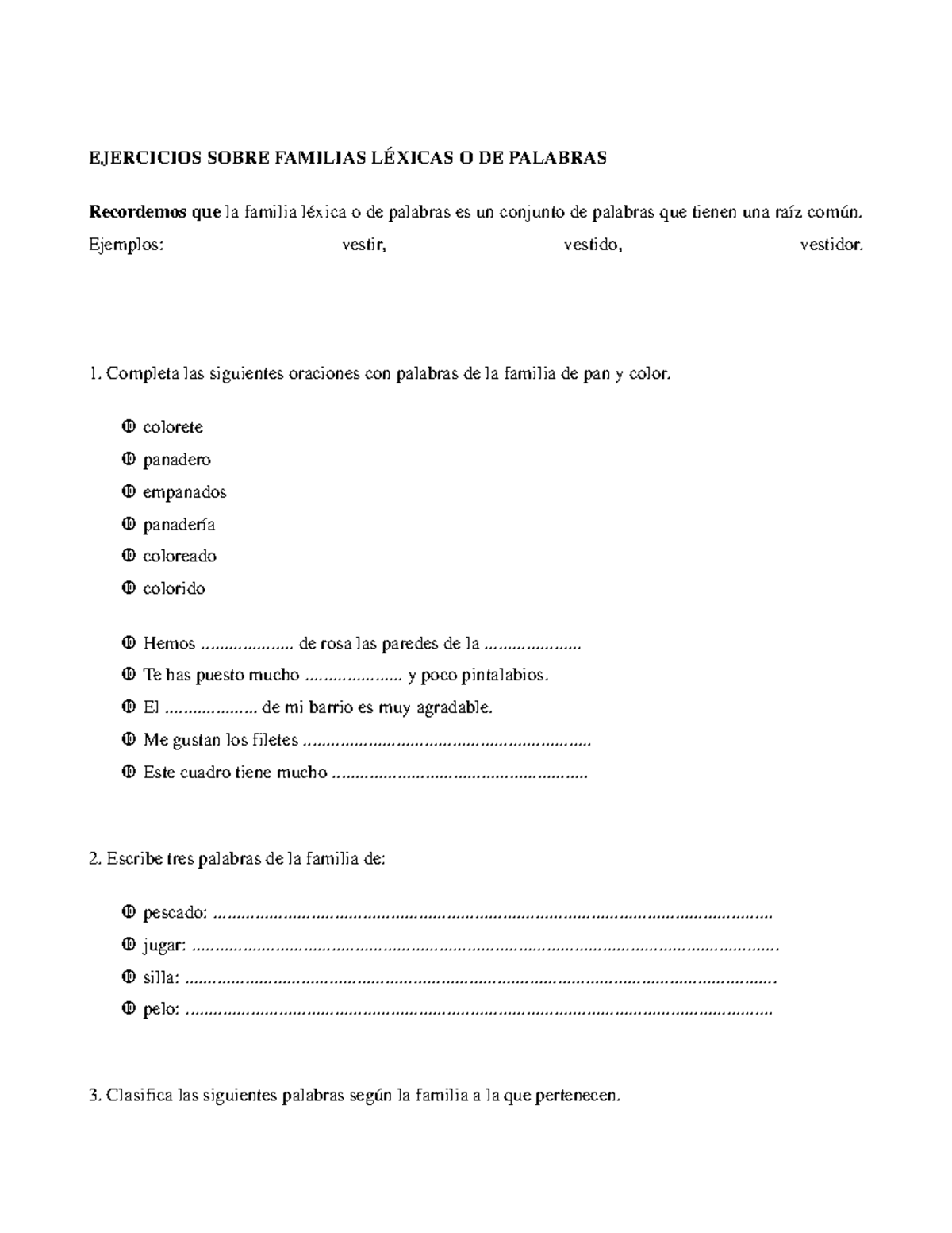 Familias lexicas y campos semanticos - EJERCICIOS SOBRE FAMILIAS LÉXICAS O DE PALABRAS ...