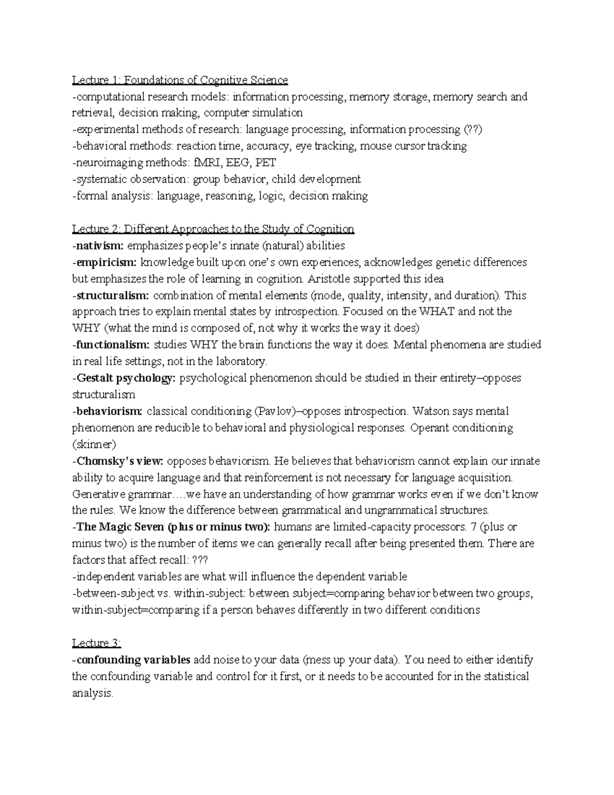 BCS 111 final study guide - Lecture 1: Foundations of Cognitive Science ...