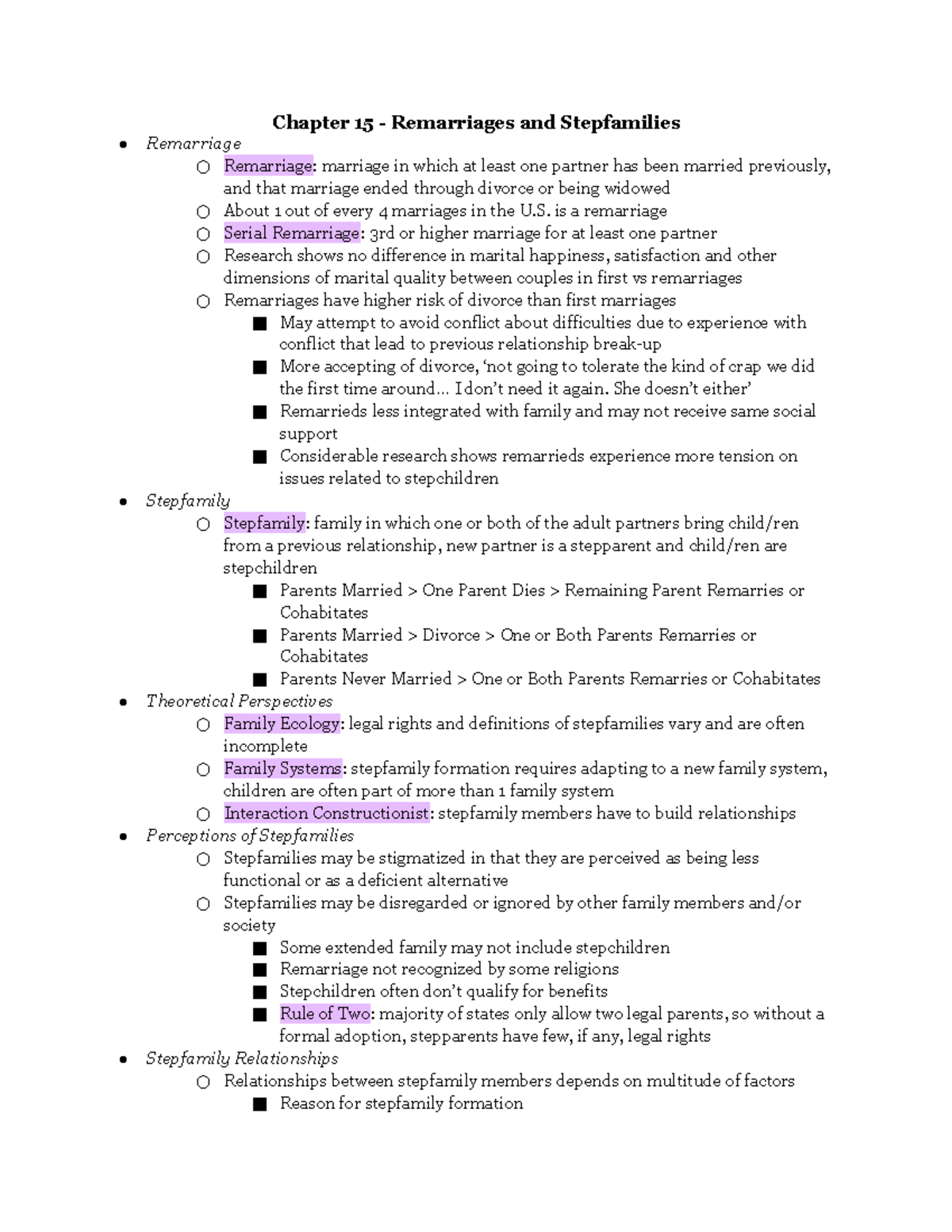 Hdfschapter 15 - Professor Dena Wyum - Chapter 15 - Remarriages and Stepfamilies Remarriage ...