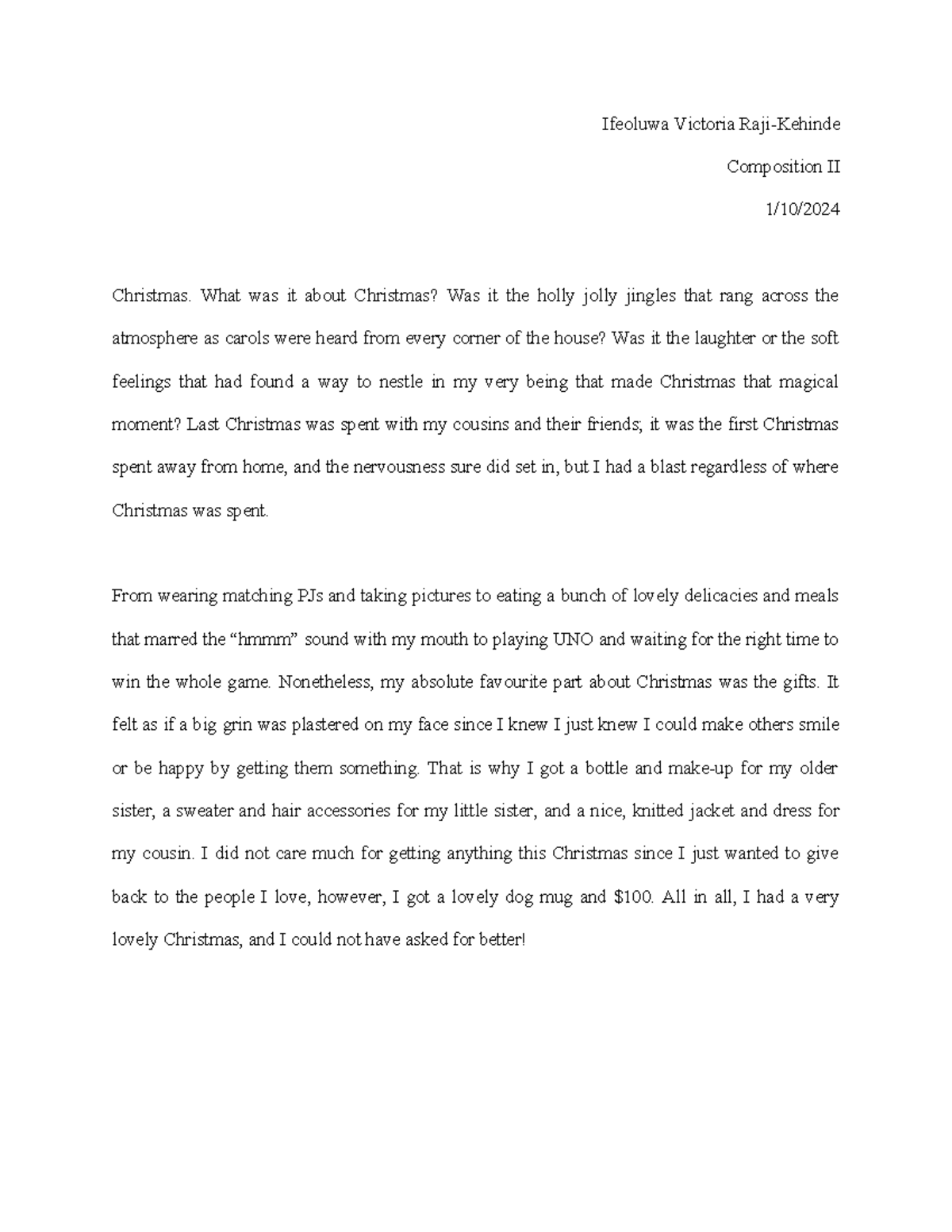 Writing Sample - Ifeoluwa Victoria Raji-Kehinde Composition II 1/10 ...