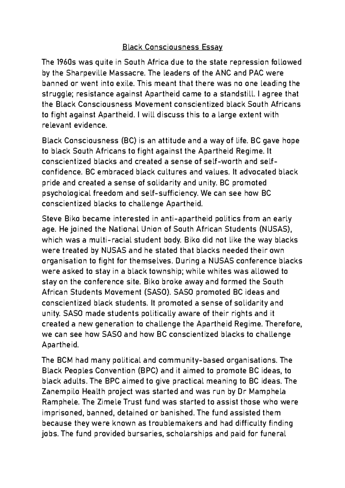 Black Consciousness Essay RLs - Black Consciousness Essay The 1960s was ...