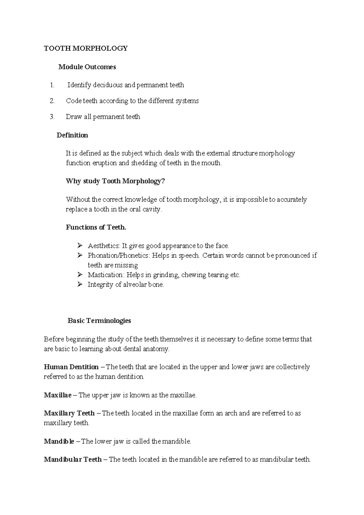 Introduction to tooth morphology 1 - TOOTH MORPHOLOGY Module Outcomes ...
