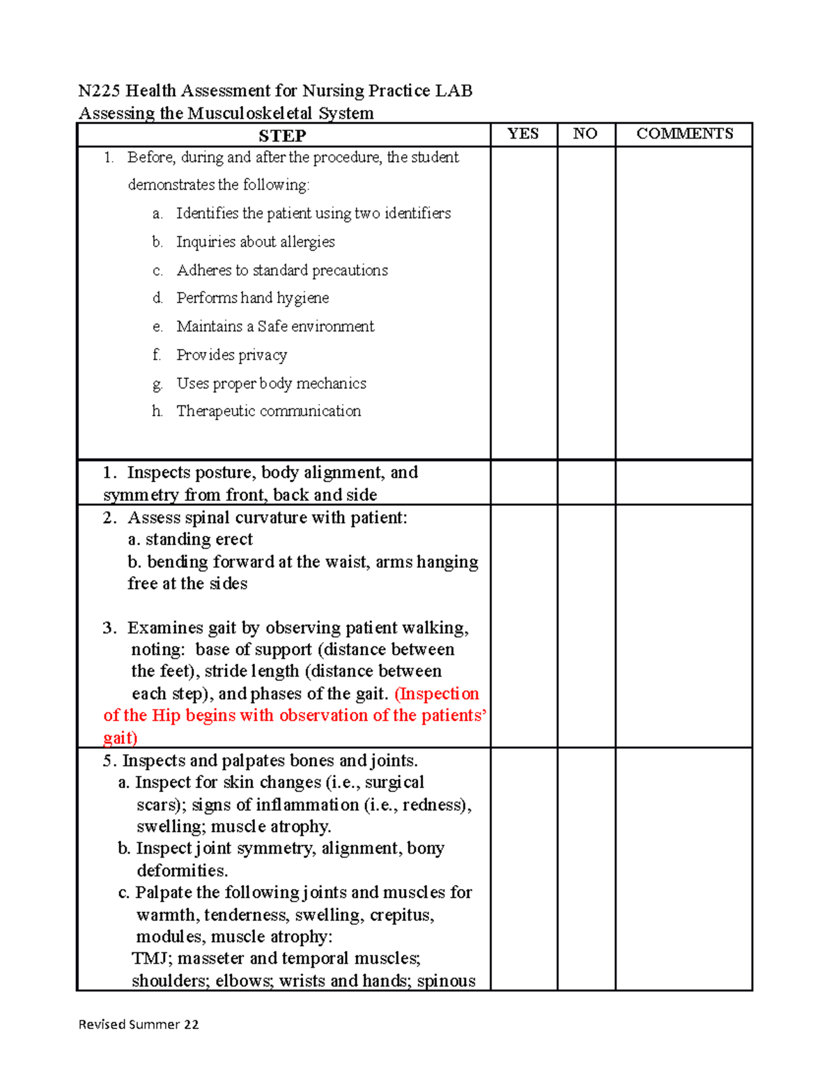 N225 Musculoskeletal Assessment revised Summer 2022 - N225 Health ...