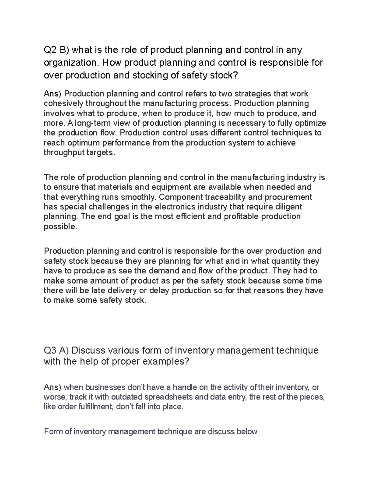 Final assingment - qweq - Q2 B) what is the role of product planning ...