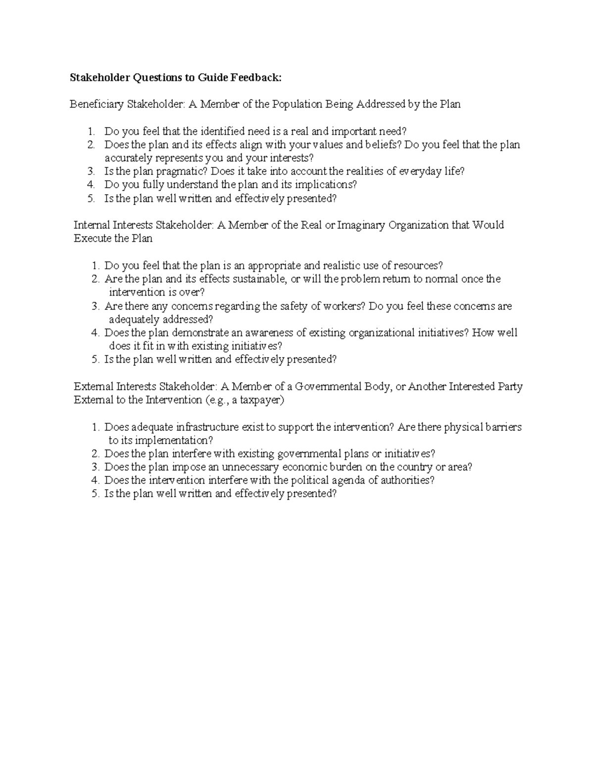 Stakeholder Questions to Guide Feedback - Stakeholder Questions to ...