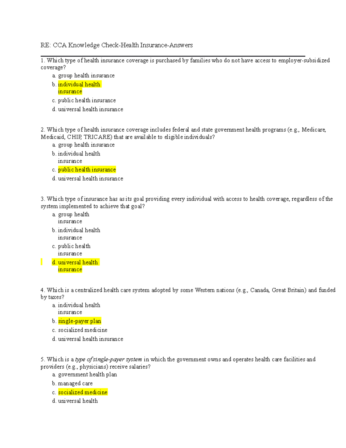 CCA Knowledge Check-Health Insurance - RE: CCA Knowledge Check-Health ...