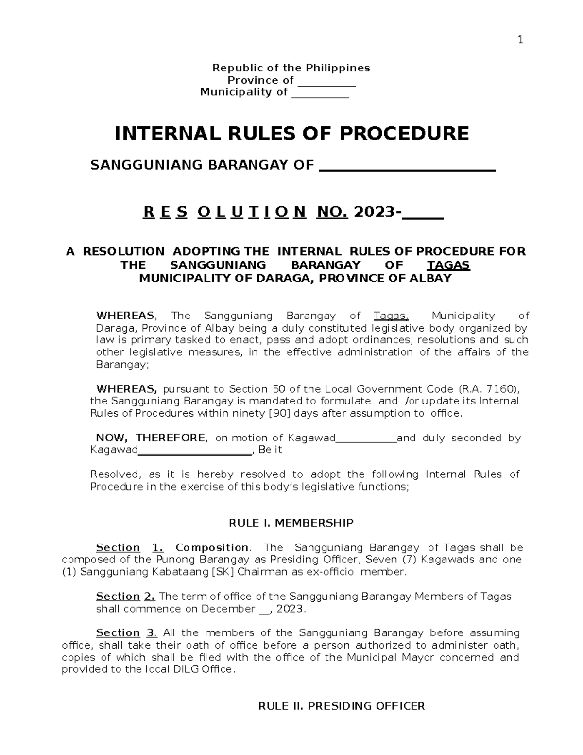 Barangay Internal Rules of Procedure - Republic of the Philippines ...