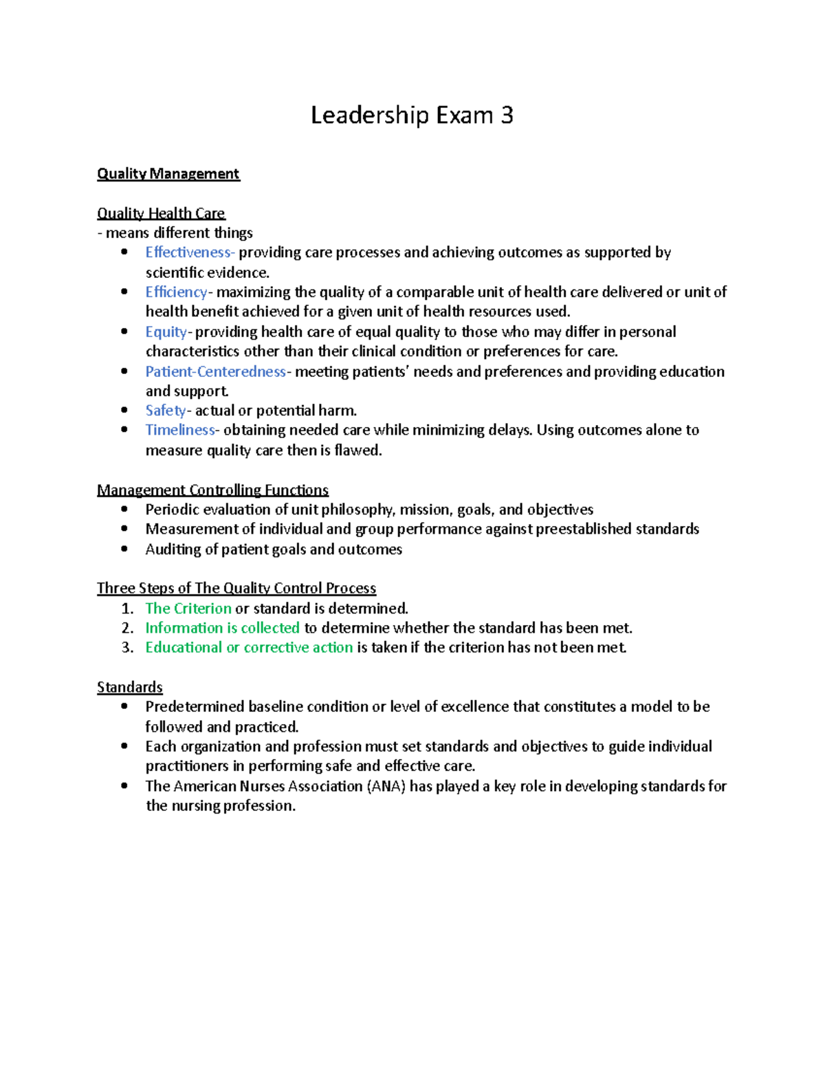 Leadership Exam 3 - study guide for exam 3 - Leadership Exam 3 Quality ...