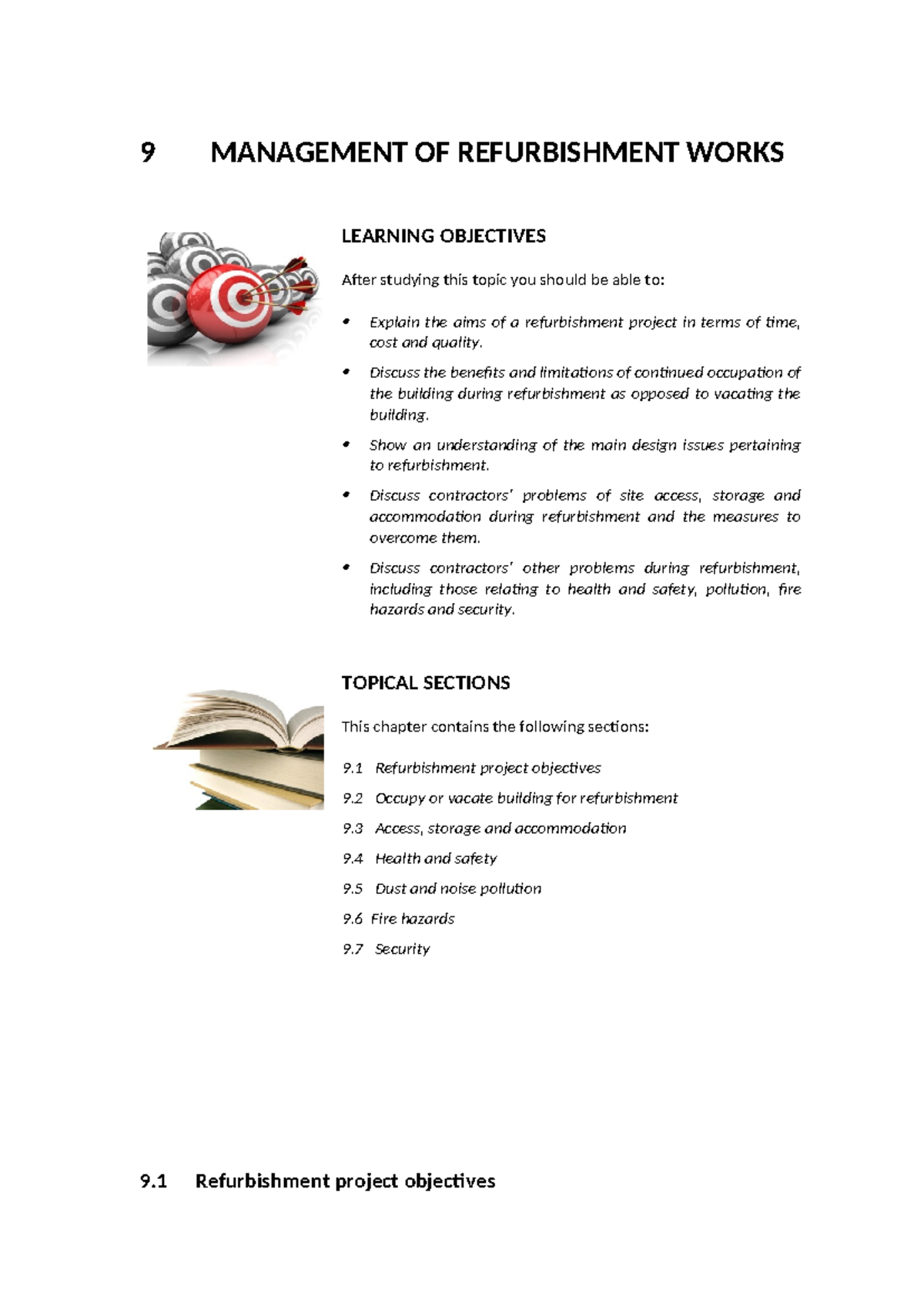 Chapter 9 Management of refurbishment works - 9 MANAGEMENT OF REFURBISHMENT WORKS LEARNING - Studocu