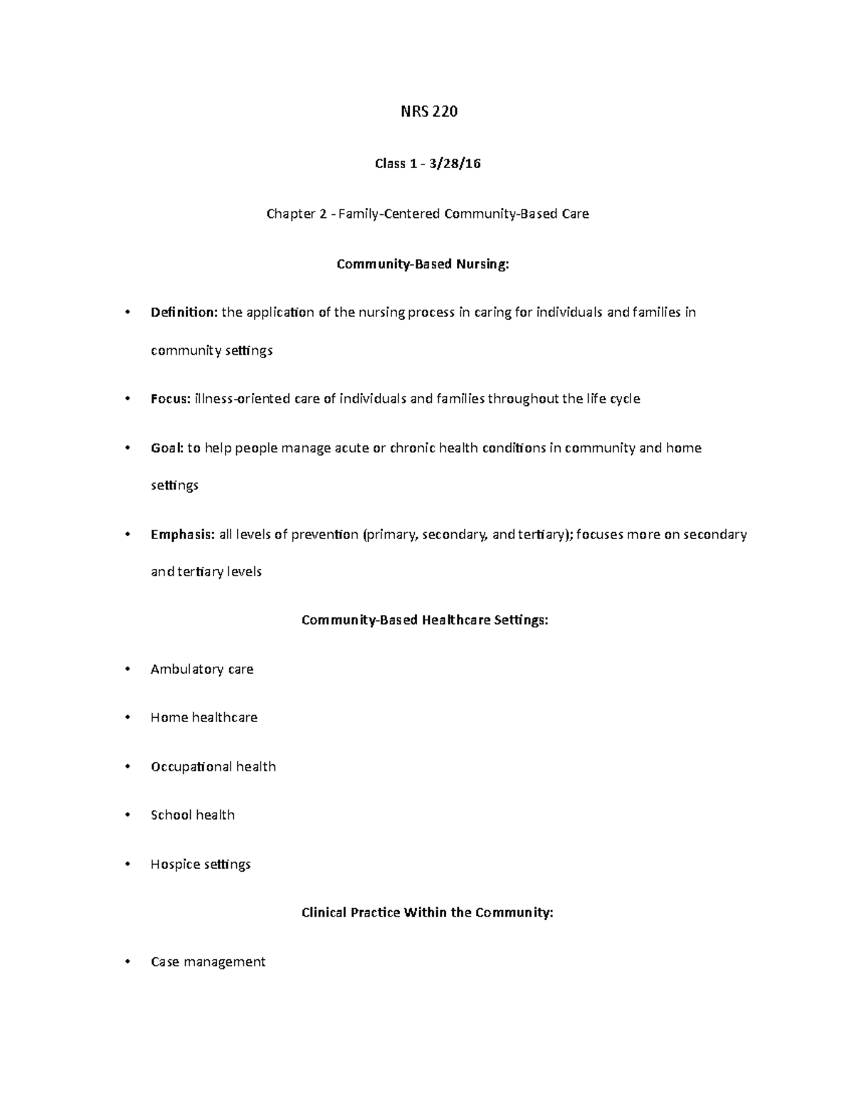NRS 220 - Chapter 2 Notes - NRS 220 Class 1 - 3/28/ Chapter 2 - Family ...