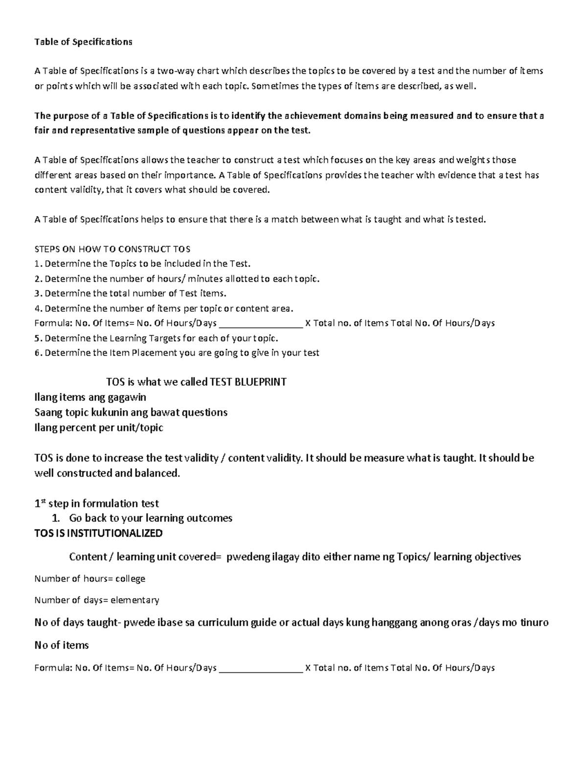 Tos - scv - Table of Specifications A Table of Specifications is a two ...