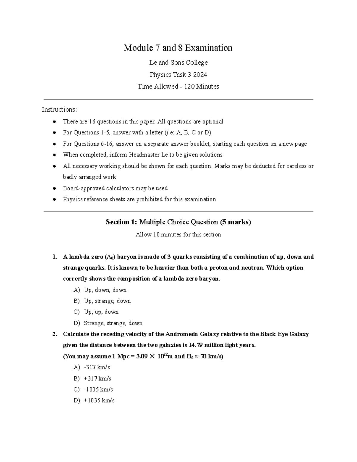 Physics m7/8 test - Module 7 and 8 Examination Le and Sons College ...