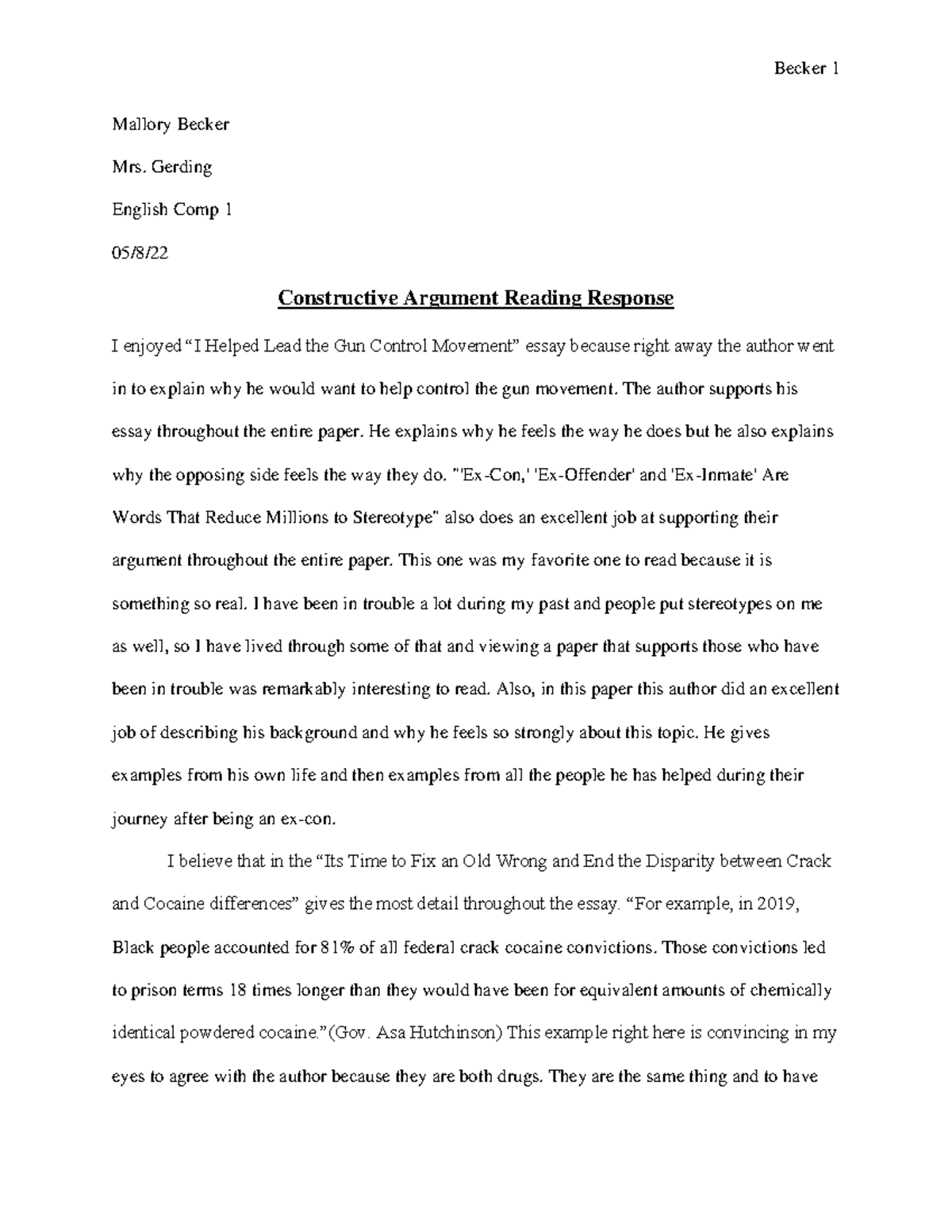 Constructive Argument Reading Response - Becker 1 Mallory Becker Mrs ...