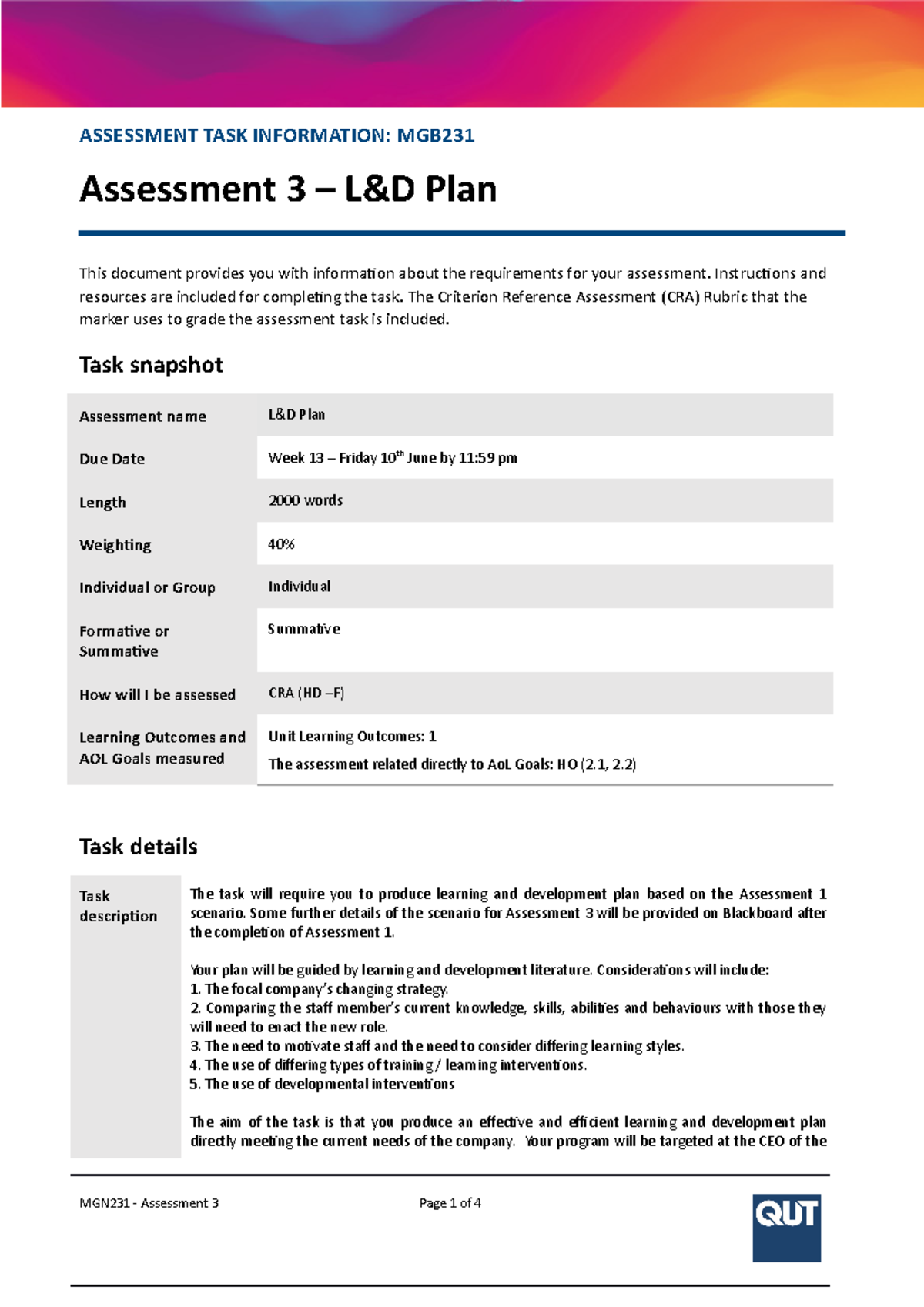 Assessment 3 Tasksheet - MGB231 - ASSESSMENT TASK INFORMATION: MGB ...