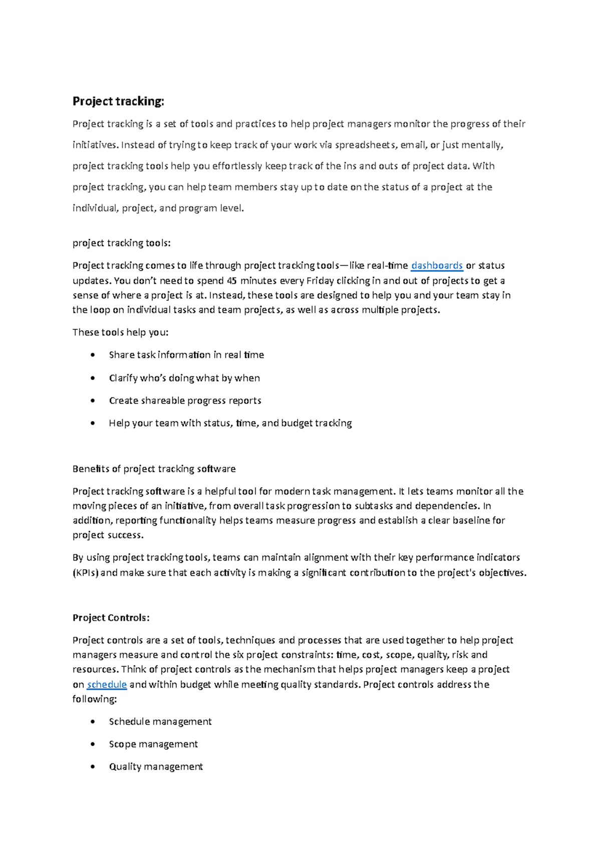 Unit 4 SPM - Project tracking: Project tracking is a set of tools and ...