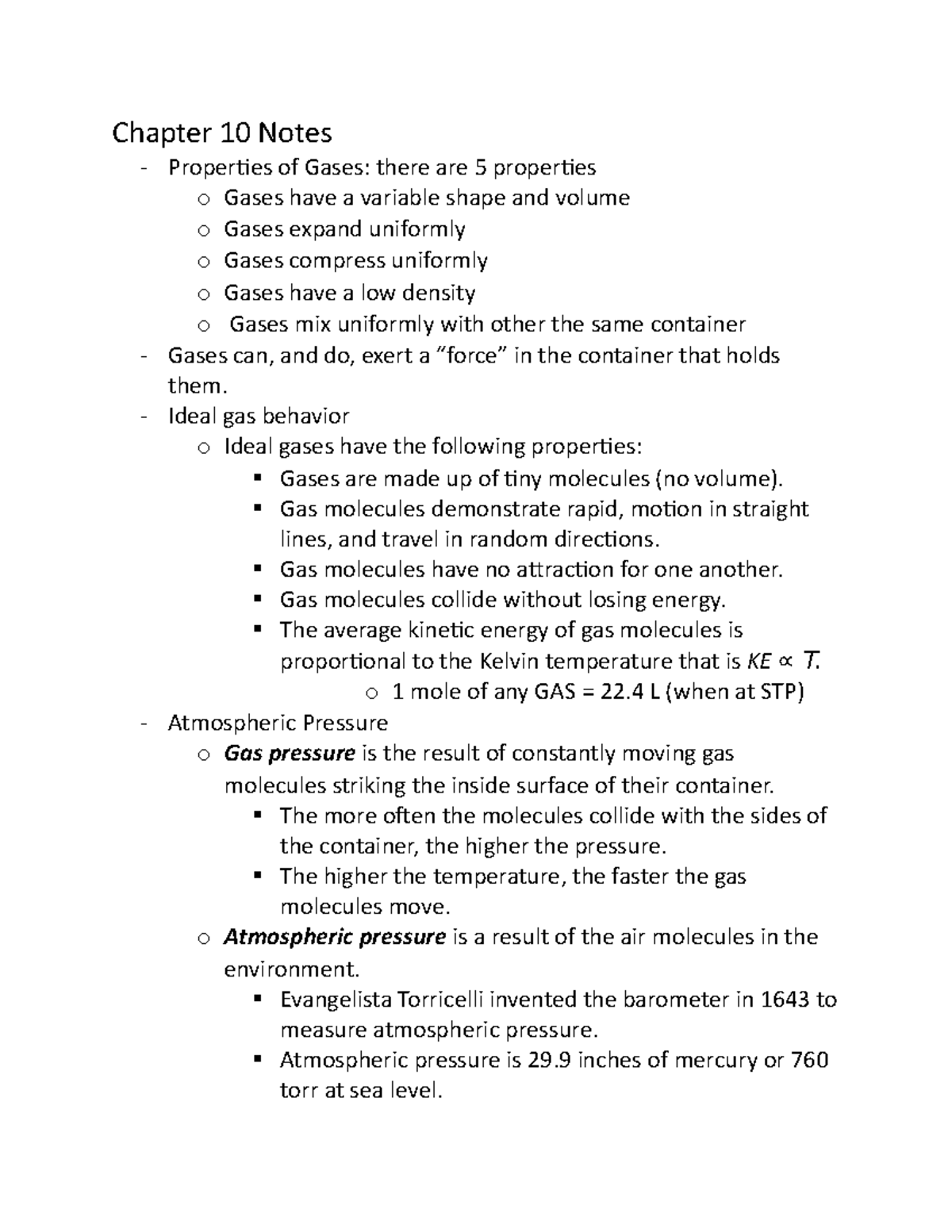 Chapter 10 Notes CHM - Properties of gases - Chapter 10 Notes ...