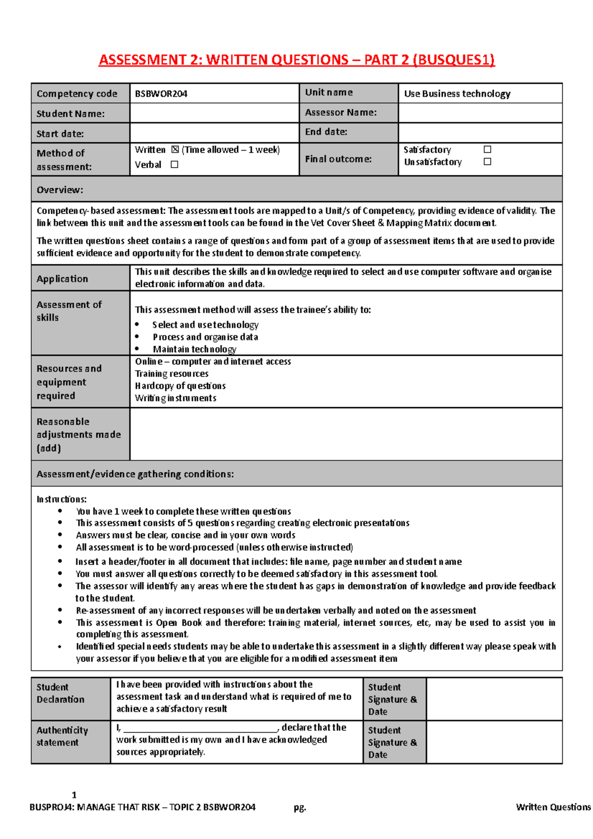 Bsbwor 204 Written Questions v2 - ASSESSMENT 2: WRITTEN QUESTIONS ...