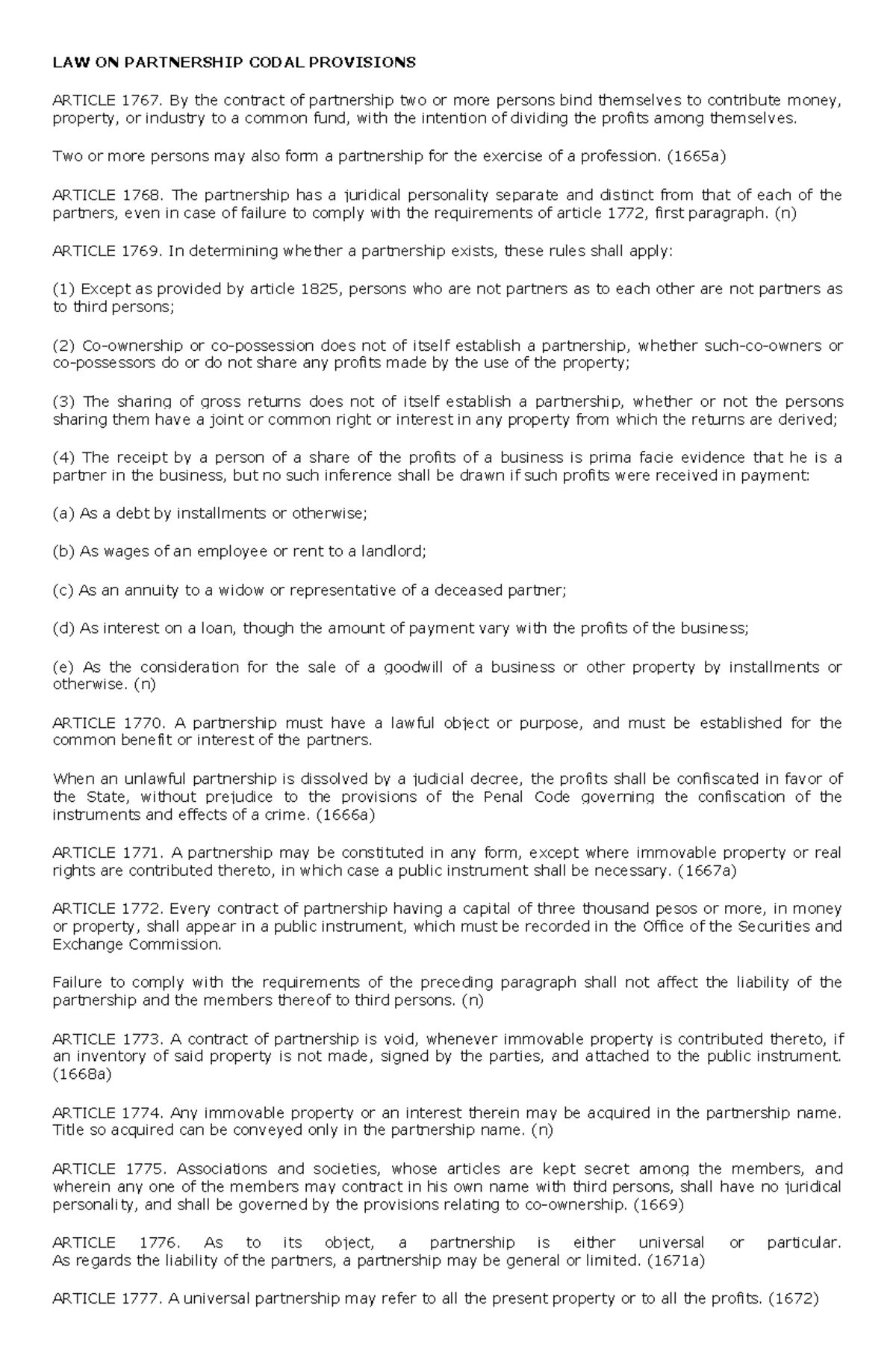 LAW ON Partnership Codal Provisions - LAW ON PARTNERSHIP CODAL PROVISIONS ARTICLE 1767. By the ...