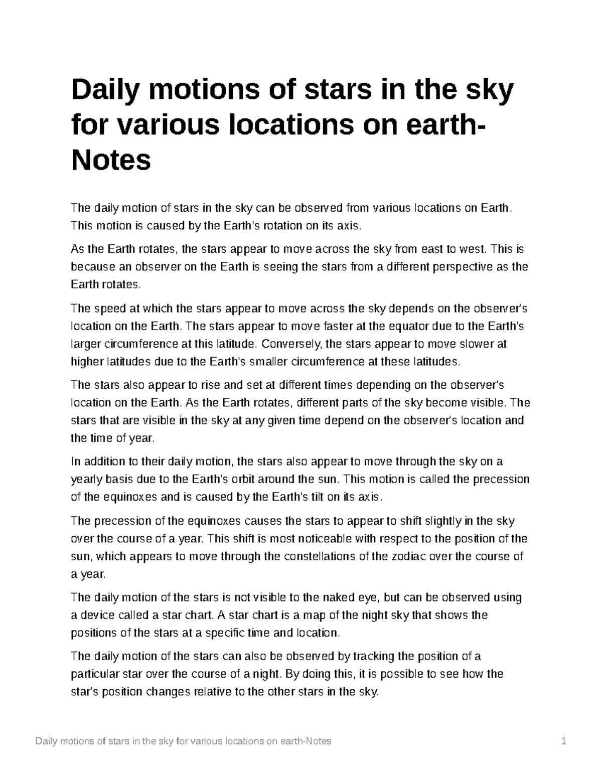 Daily motions of stars in the sky for various locations on earth-Notes ...