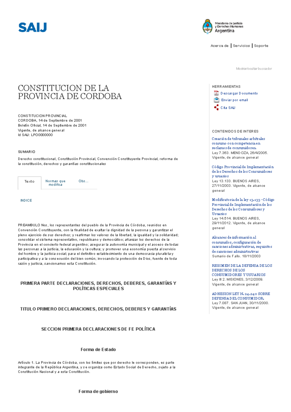 SAIJ - Constitucion DE LA Provincia DE Cordoba - Acerca de Servicios ...