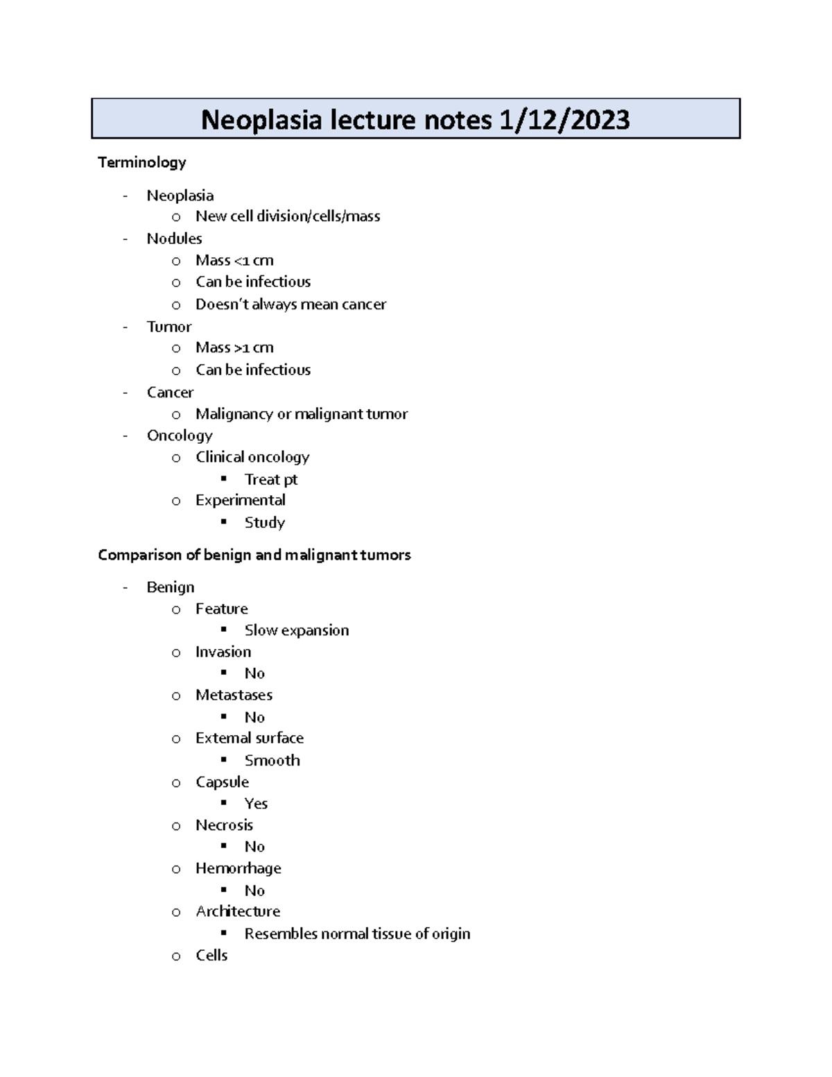 Patho- Neoplasia Notes - Neoplasia lecture notes 1/12/ Terminology ...
