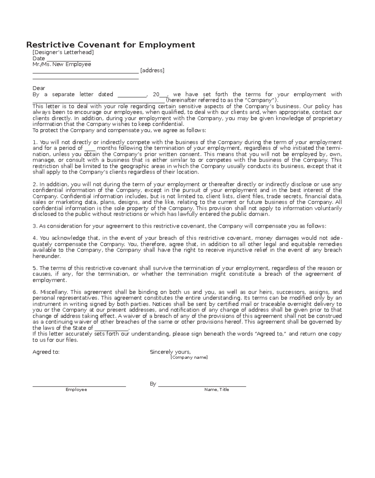 Form 25 - Restrictive Covenant for Employment Template from the ...