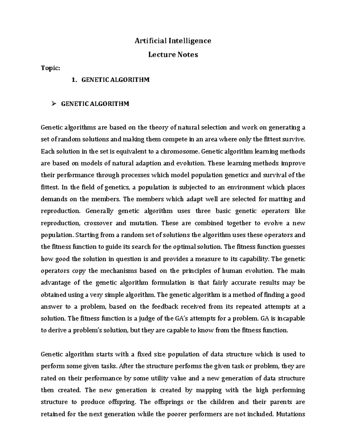 Artificial Intelligence Genetic Algorithm Artificial Intelligence