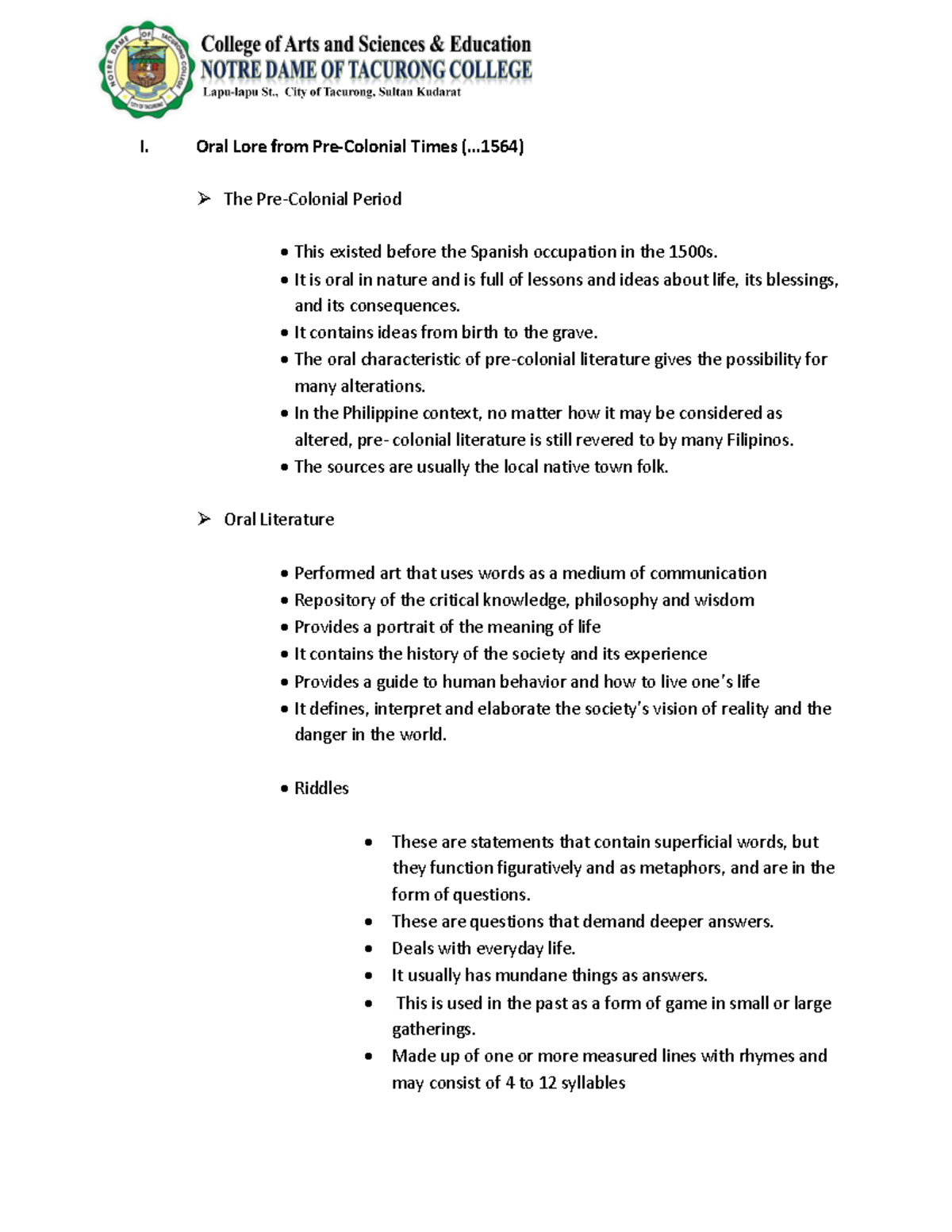 Oral Lore from Pre-Colonial Times - I. Oral Lore from Pre-Colonial ...