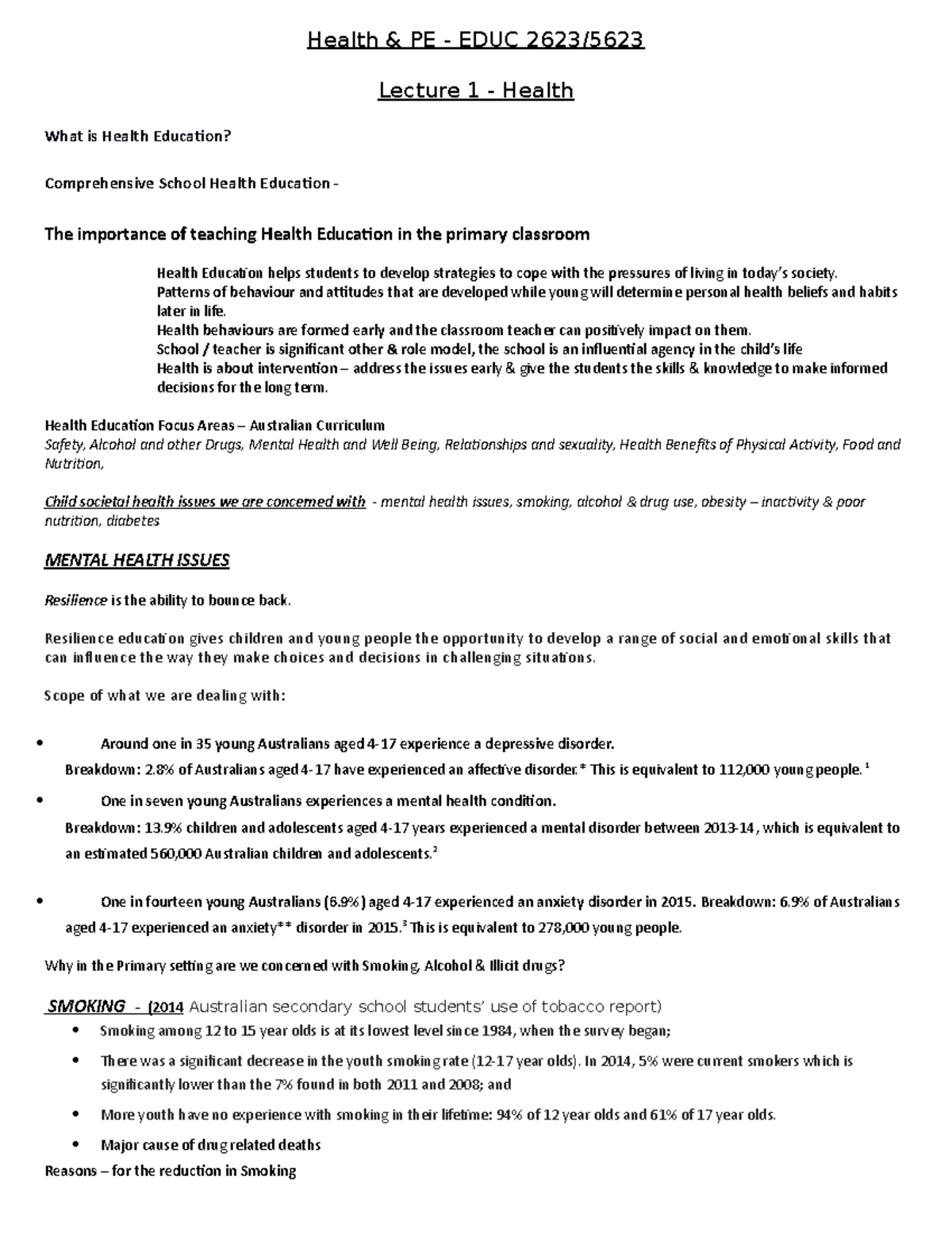 Lecture 1 Physical Education Notes - Health & PE - EDUC 2623/ Lecture 1 ...