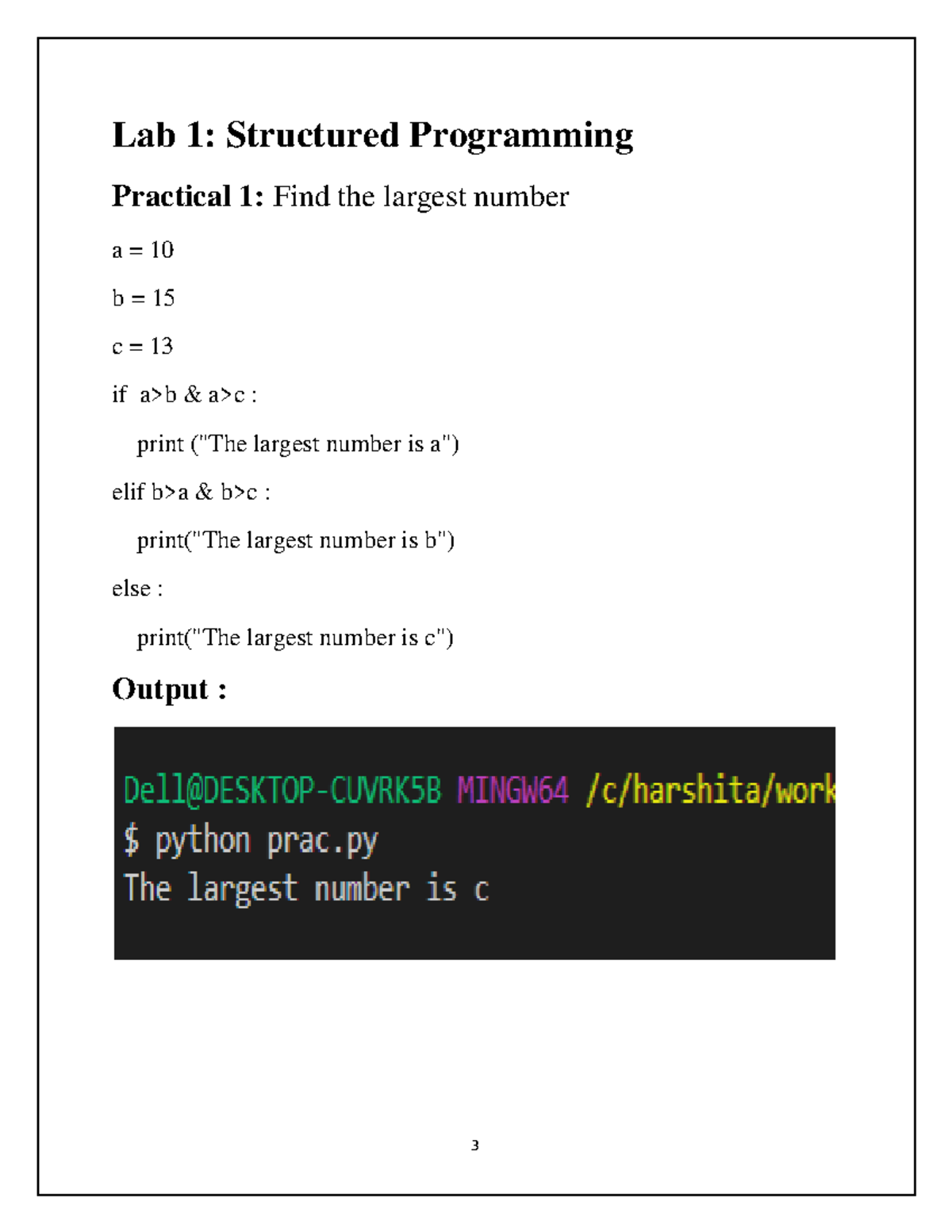 App Lab App Lab Manual Lab 1 Structured Programming Practical 1 Find The Largest Number A