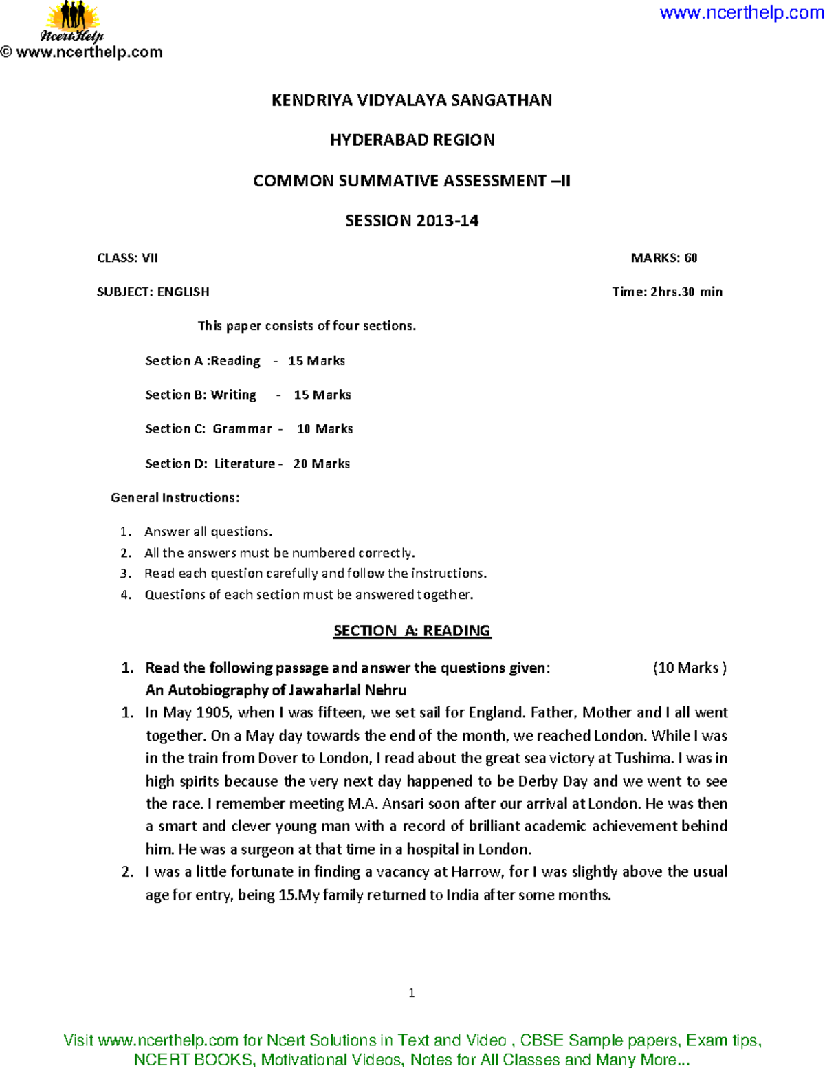 Cbse sample paper for class 7 SA2 - 1 KENDRIYA VIDYALAYA SANGATHAN ...