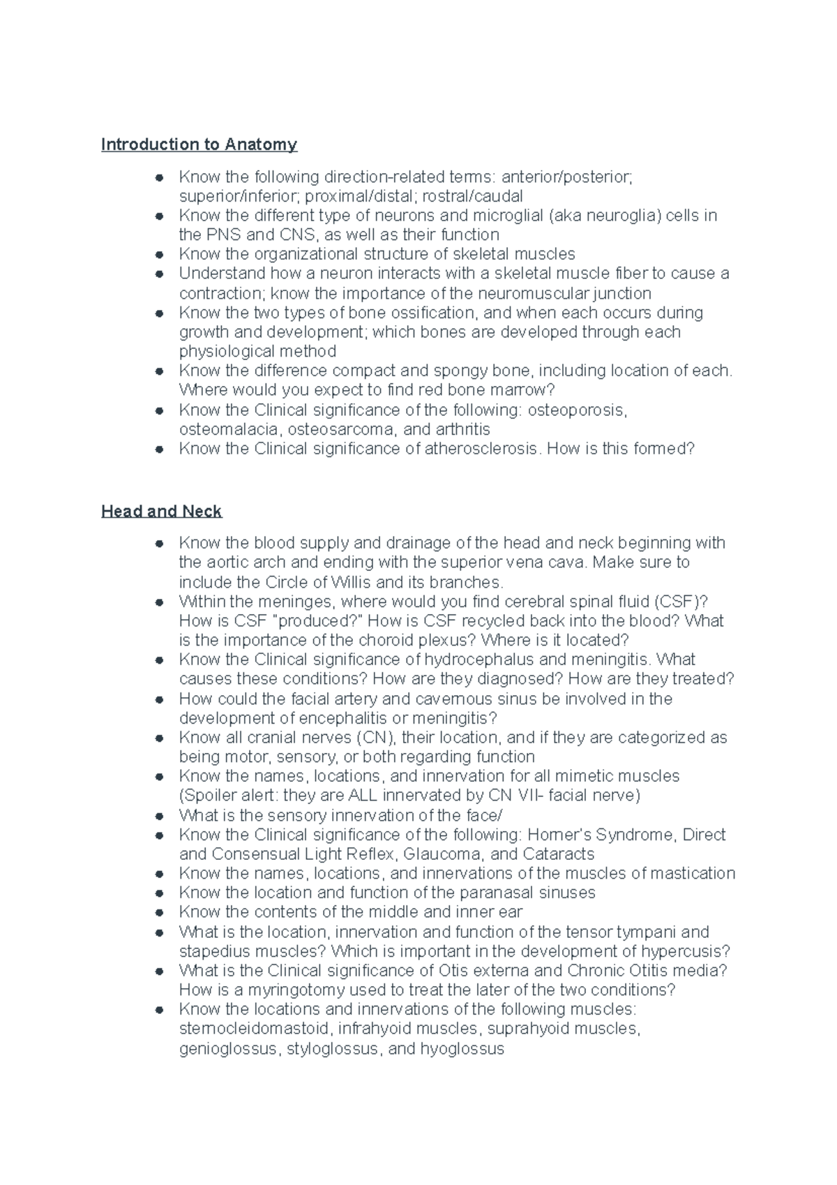 Final Exam Study Guide - Introduction to Anatomy Know the following ...