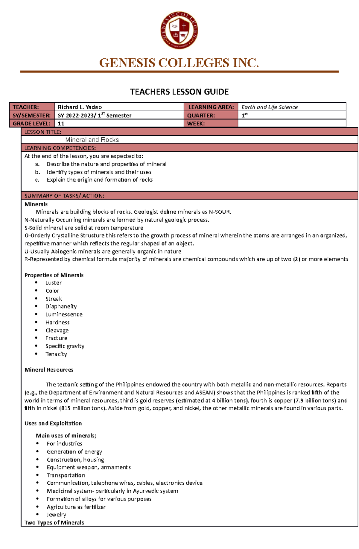 EARTH AND LIFE SCIENCES - GENESIS COLLEGES INC. TEACHERS LESSON GUIDE ...