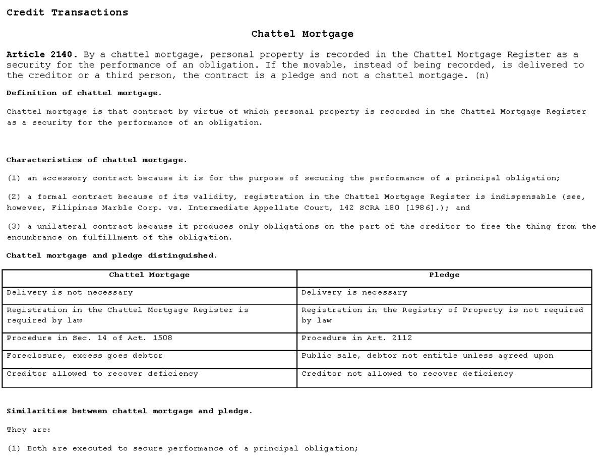 - Credit transaction (Notes 13) - Credit Transactions Chattel Mortgage ...