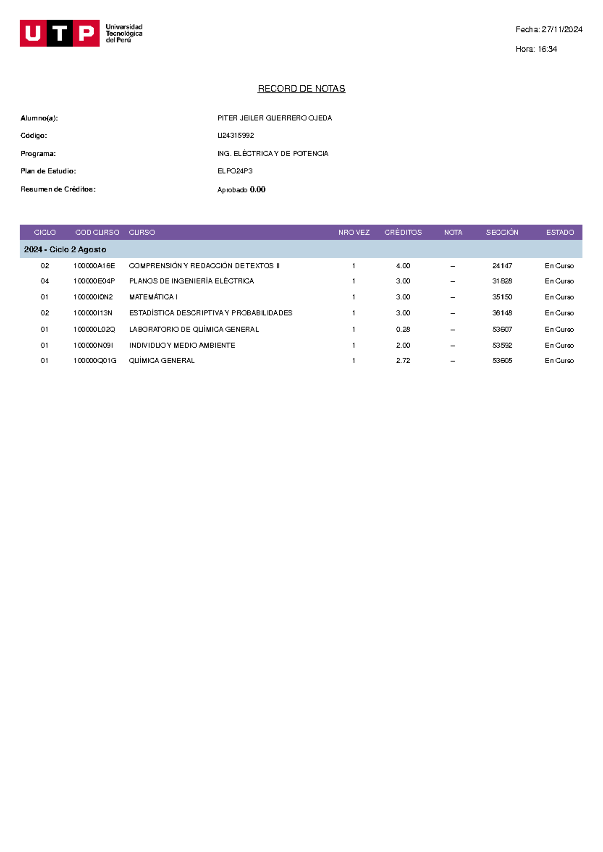 Record de notas - . . - Fecha: 27/11/ Hora: 16: RECORD DE NOTAS Alumno ...