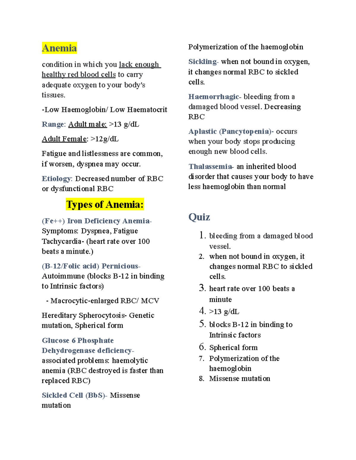 Anemia with quiz - Anemia condition in which you lack enough healthy ...