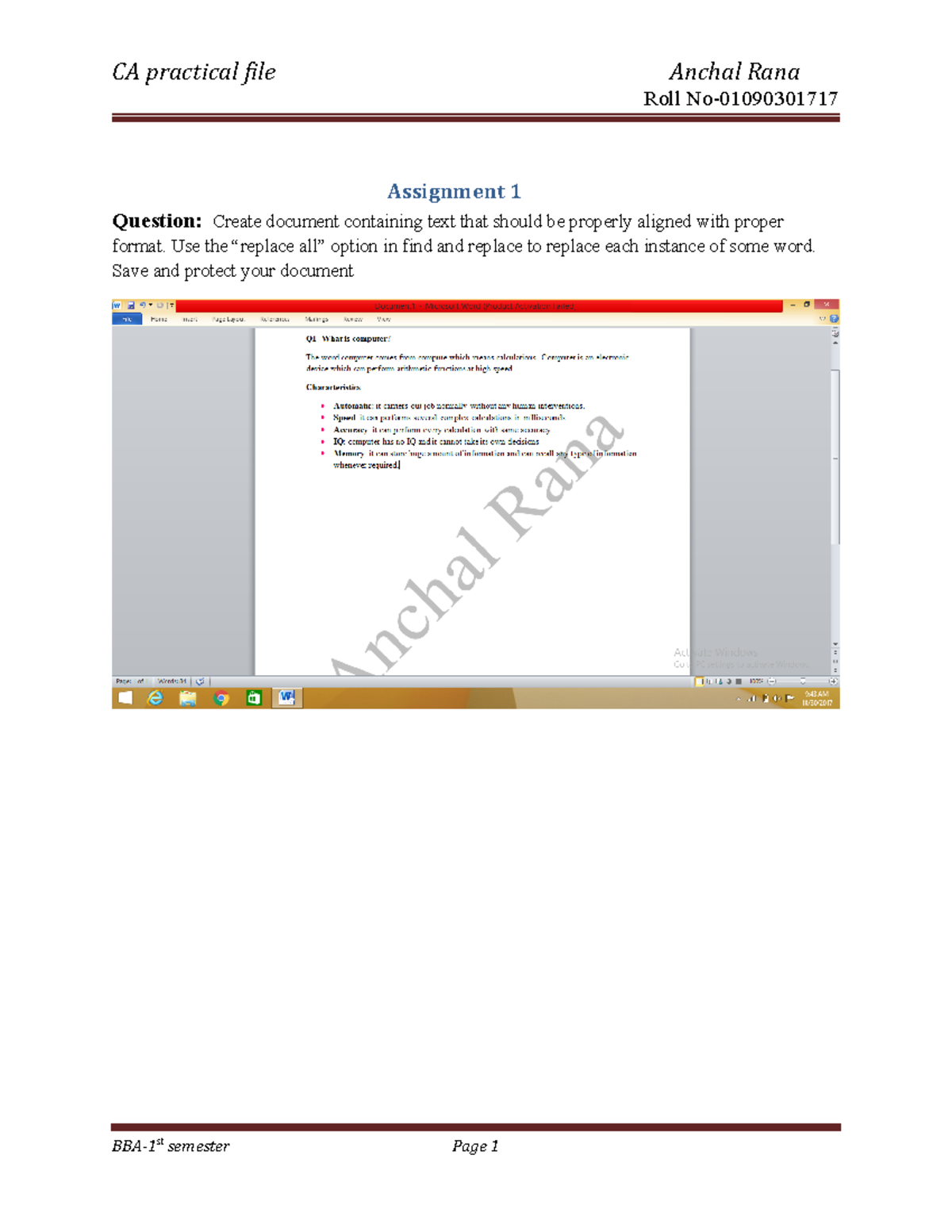 CA practical file ( Anchal) - Roll No- Assignment 1 Question: Create document containing text ...