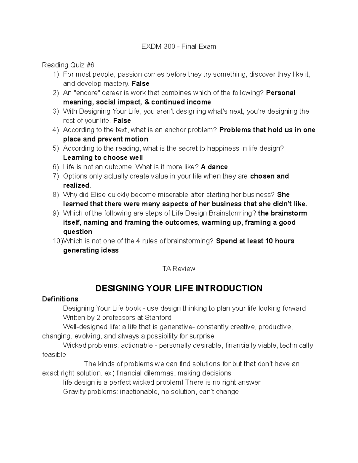 EXDM 300 - EXAM #6 - Instructor: Hill - EXDM 300 - Final Exam Reading ...